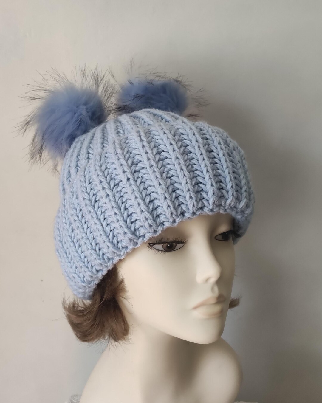 Cute SKY BLUE Beanie Two Pom Poms Hat Women Knit Beanie Warm Pompom Hat ...