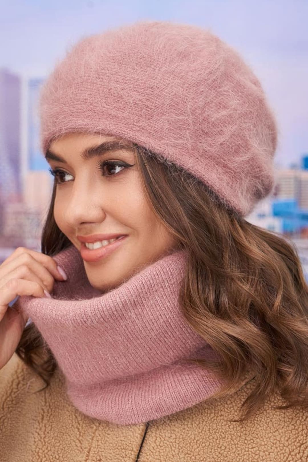 DUSTY ROSE Fluffy ANGORA Set Beret and Scarf Snood Elegant Set Beret ...