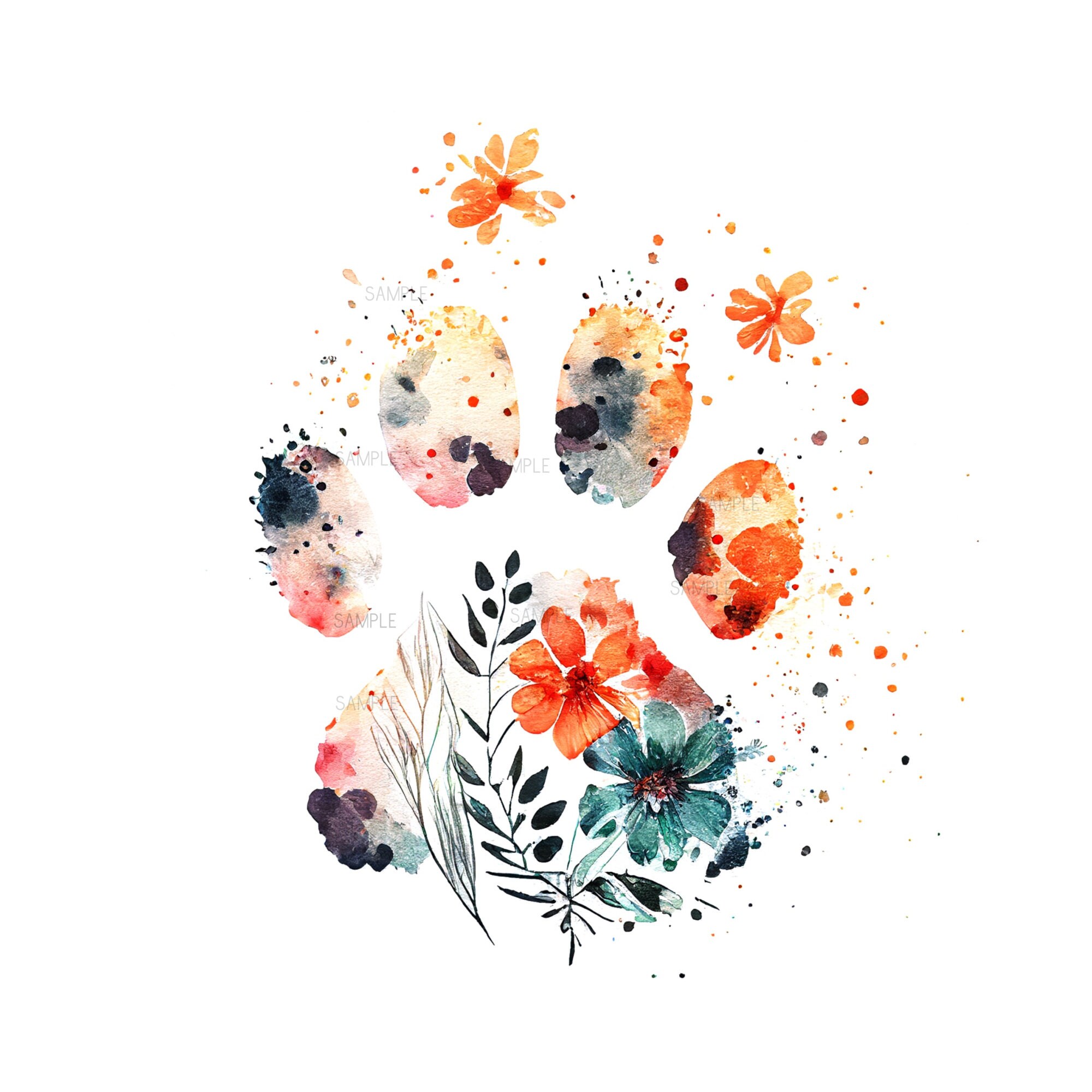 Watercolor Paw Print Dog Paw Print Flower Paw Print - Etsy