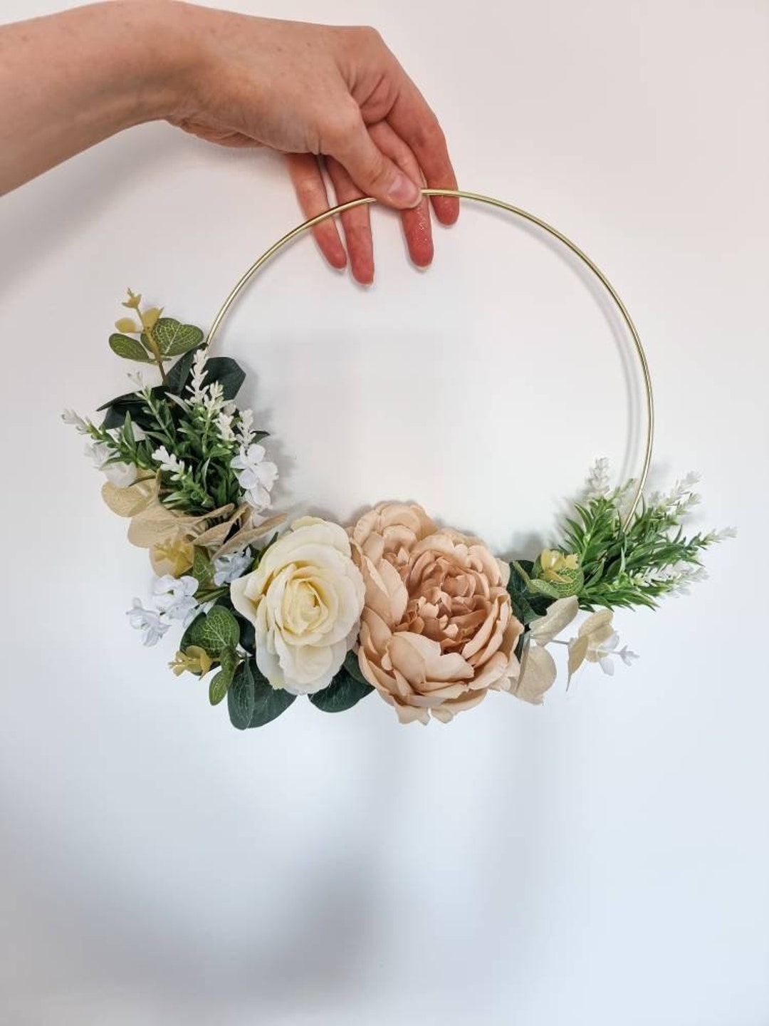 Champagne Peony and White Rose Floral Hoop. Flower Wreath. Bridesmaid ...