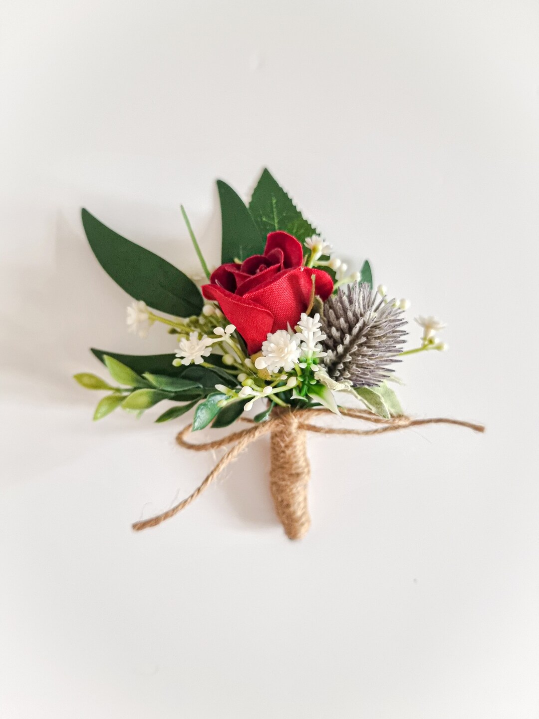 Rustic Artificial Red Rose Buttonhole. Boutonniere. Thistle and ...