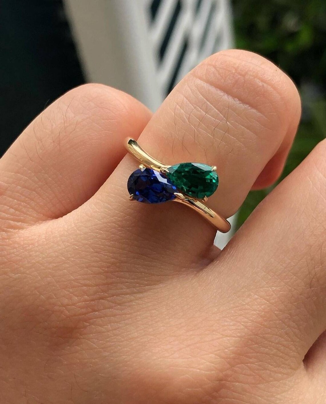 Sapphire & Emerald Ring Two Stone Ring Pear Cut Gemstones - Etsy