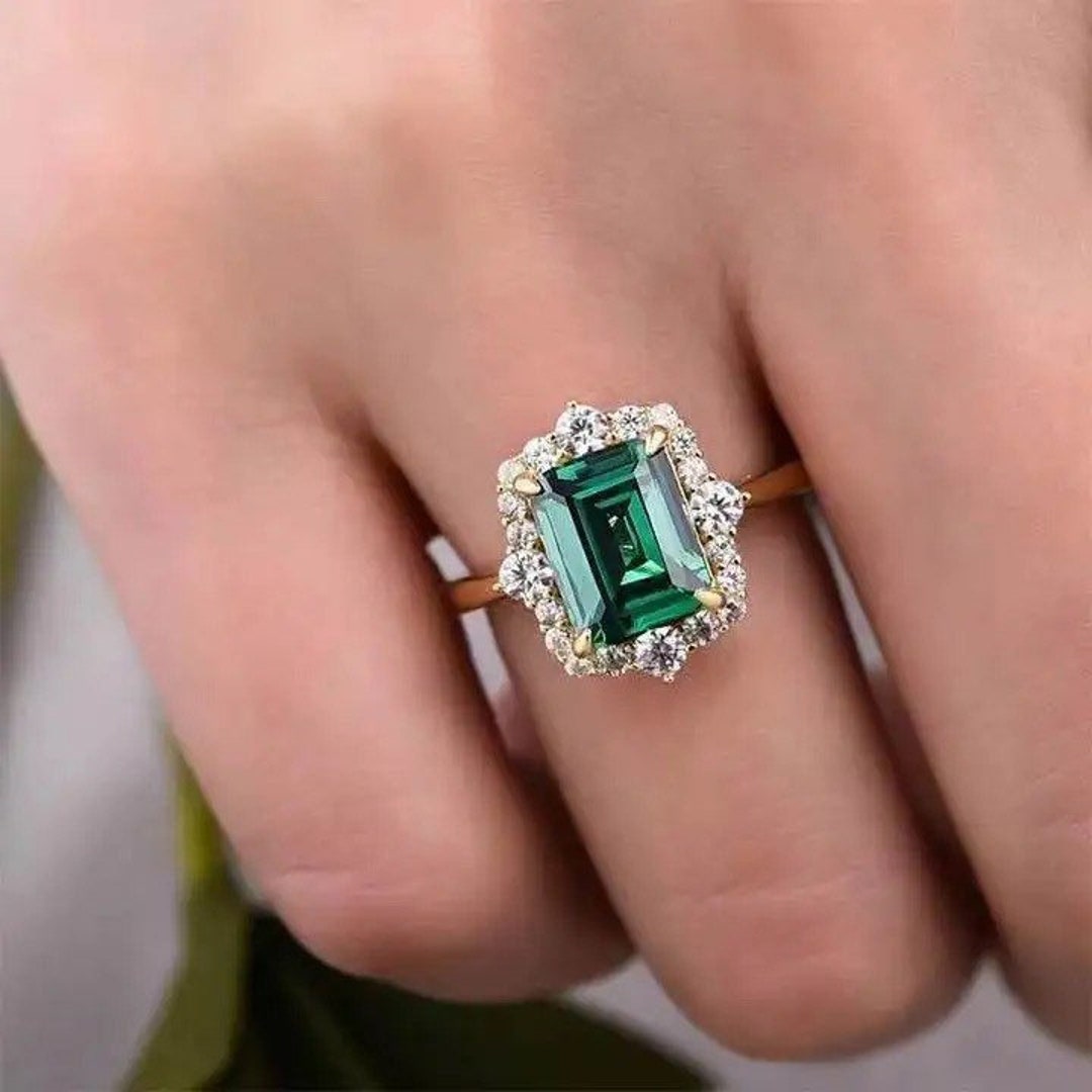 Premium Quality Emerald Ring, Octagon Cut Emerald Ring, Halo Ring, 925 ...