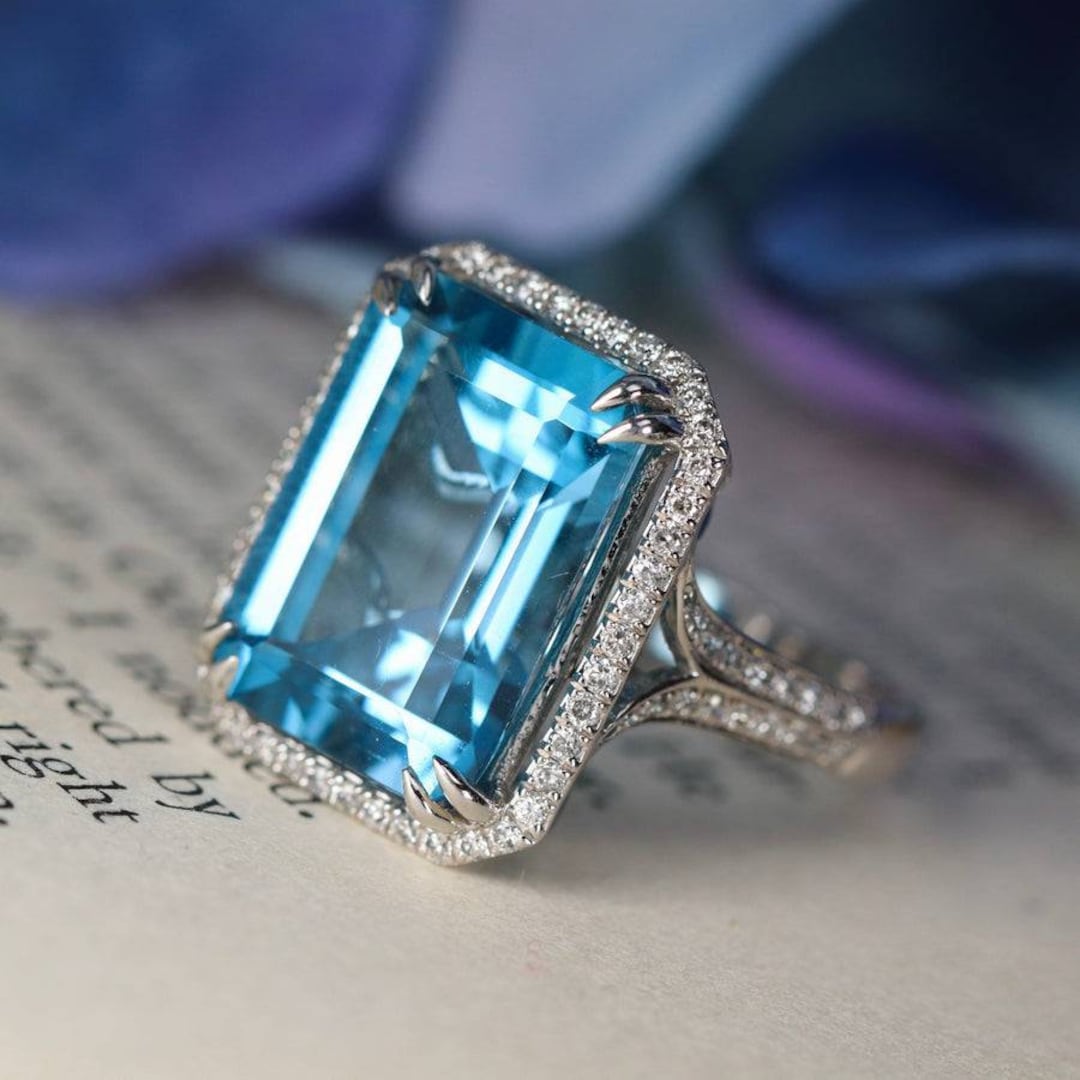 Big Size Blue Topaz Ring, London Blue Topaz Ring, Octagon Cut Ring ...