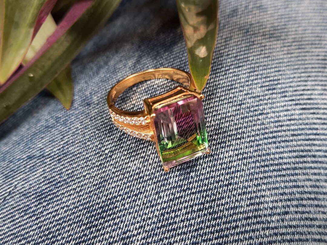 Octagon Watermelon Tourmaline Ring: 925 Sterling Silver Bi-color ...