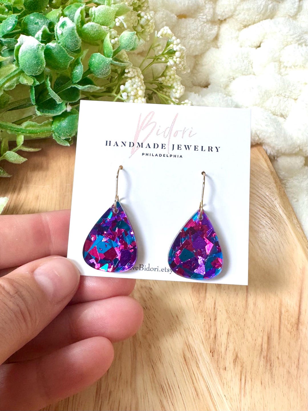 Sparkly Acrylic Teardrop Dangle Earrings: Purple Blue Glitter - Etsy