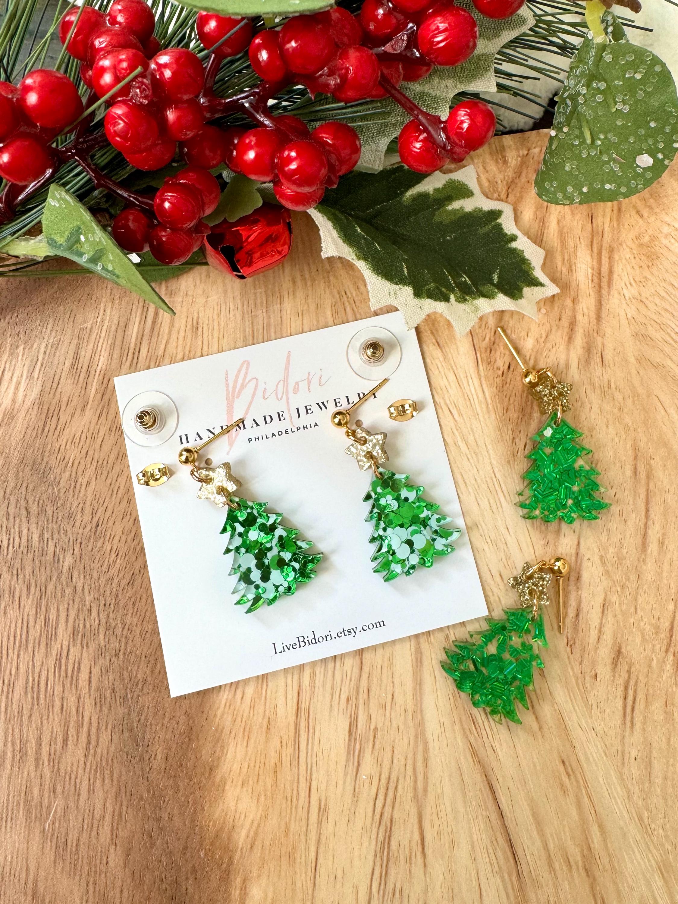 Christmas Tree Earrings: Gold Star Dangles, Glitter Acrylic - Etsy