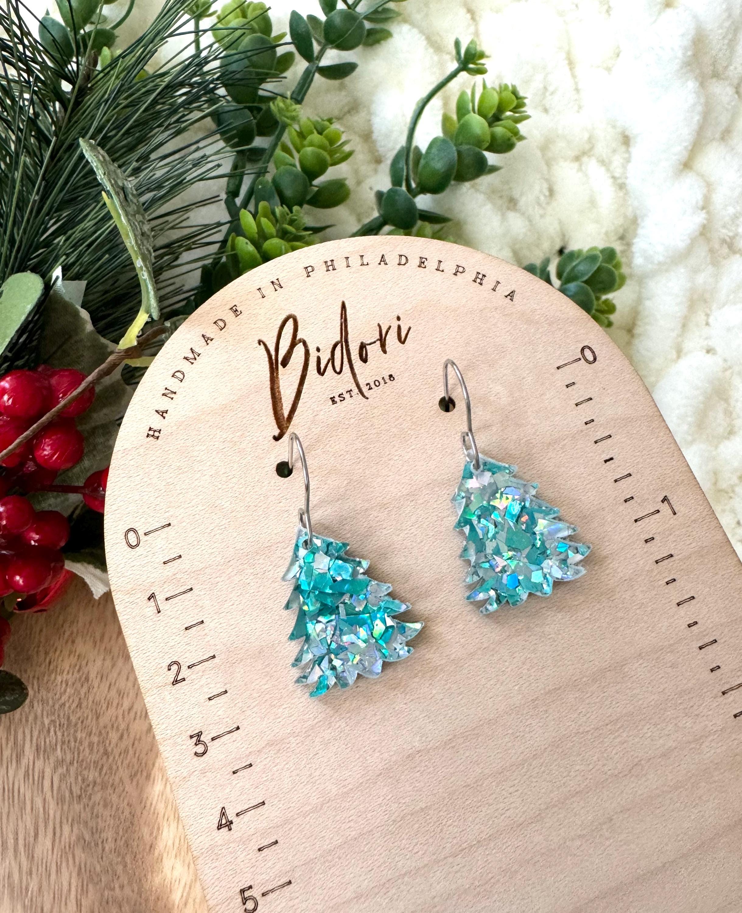 Sparkly Christmas Tree Earrings: Teal Glitter Acrylic Dangles - Etsy