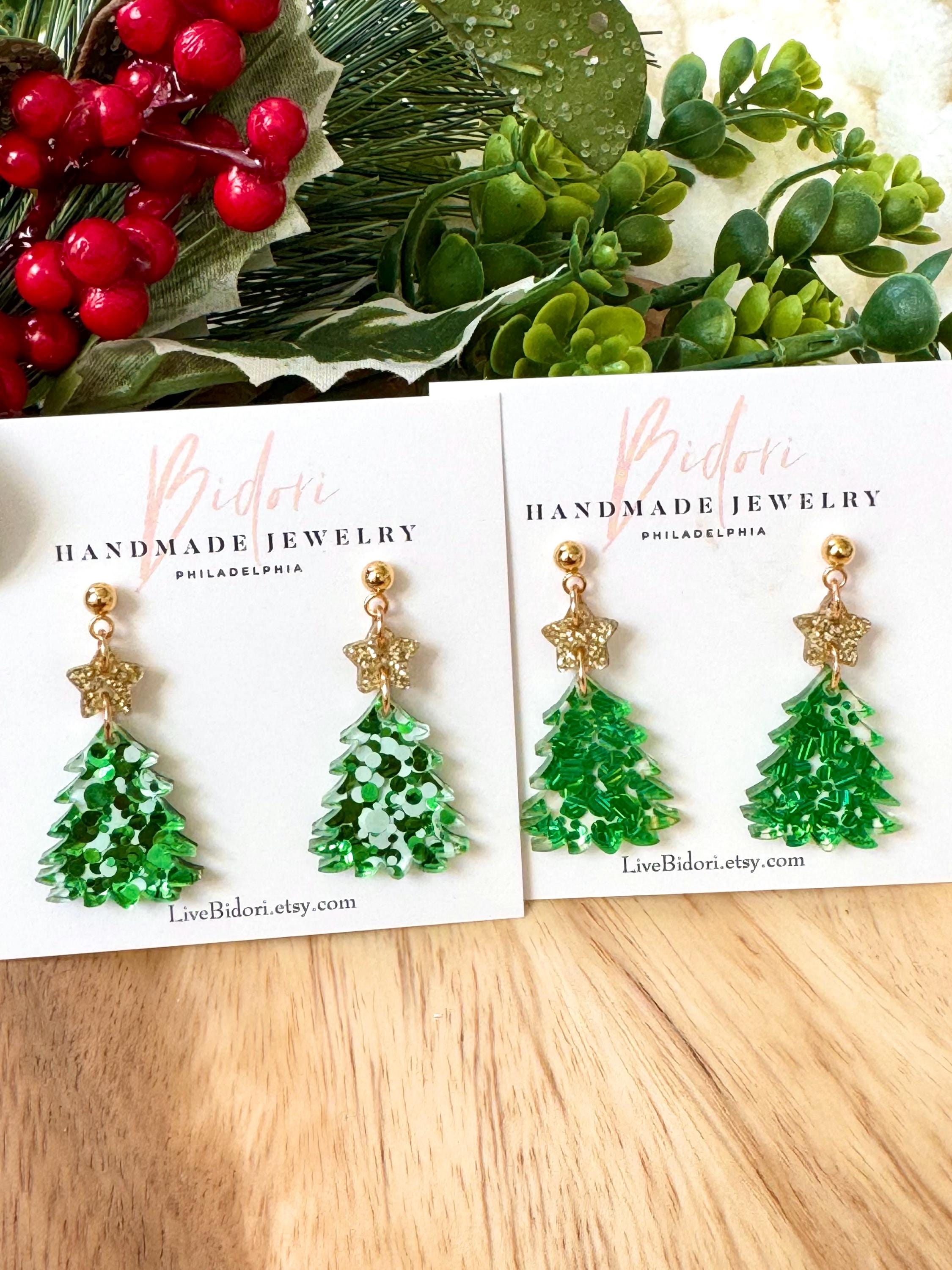 Christmas Tree Earrings: Gold Star Dangles, Glitter Acrylic - Etsy
