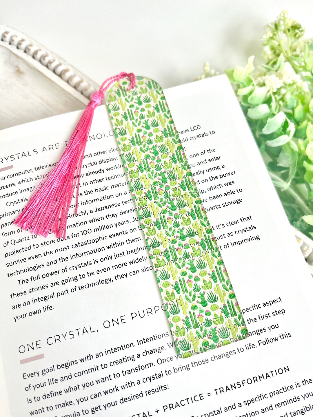 Double Sided Acrylic Bookmark: Green Cactus Design, Tassel, Bookish ...