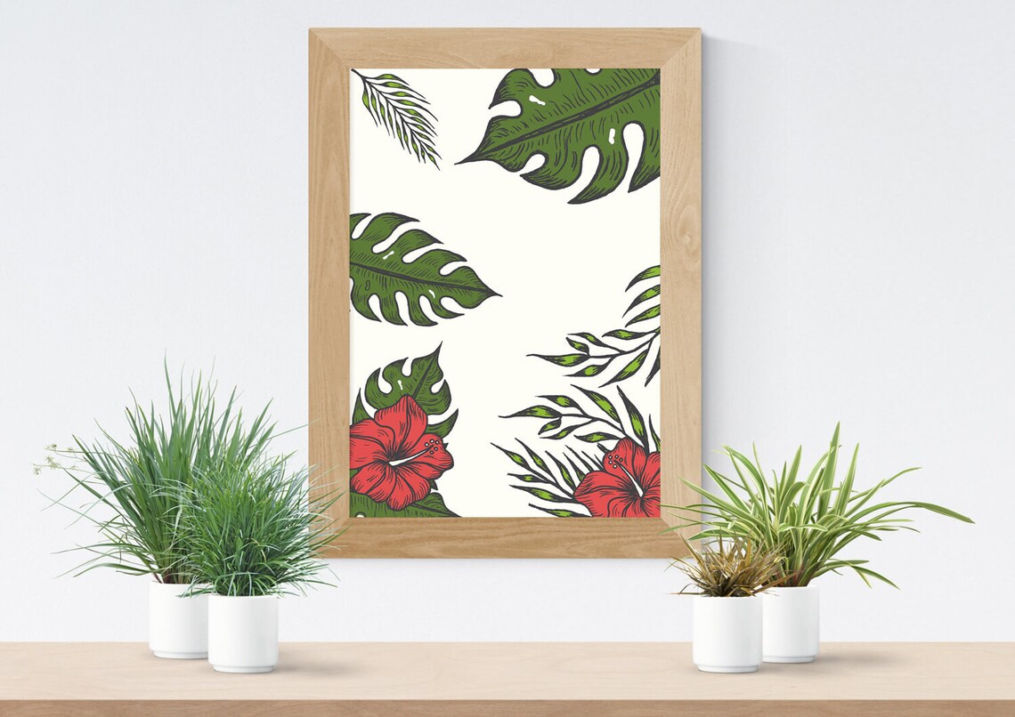 Botanical Poster, Green Leaves, Flowers, Modern Print, Spring Poster ...