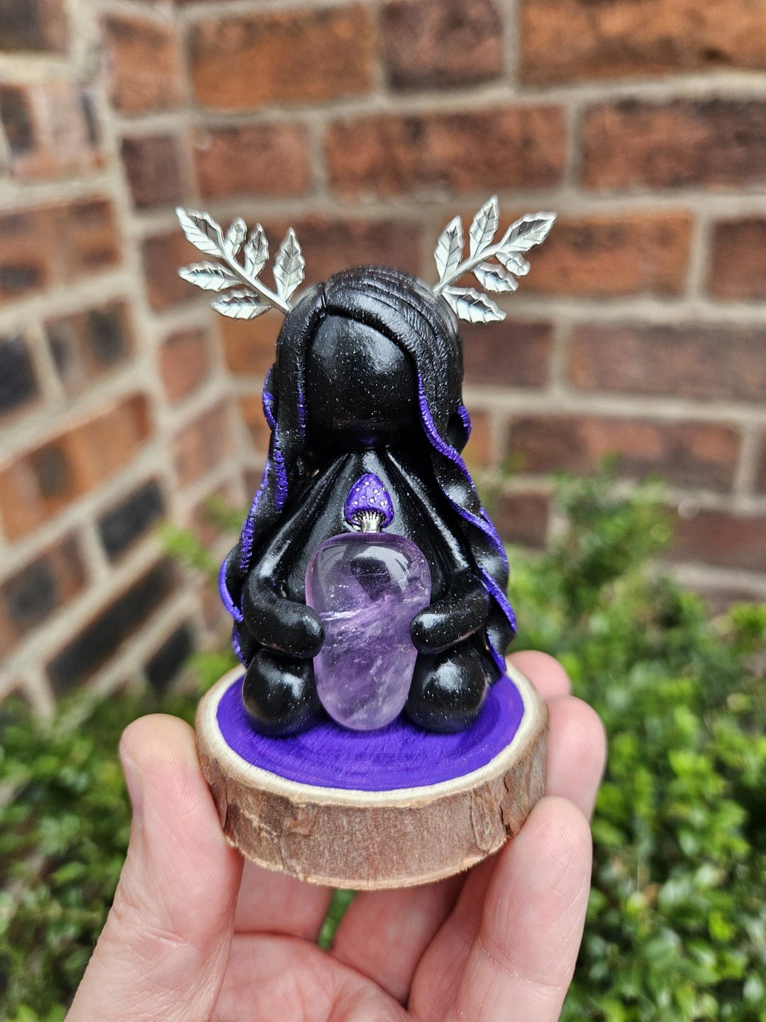 Mini Mushroom Goddess Figure With an Amethyst Crystal, Attached to a ...