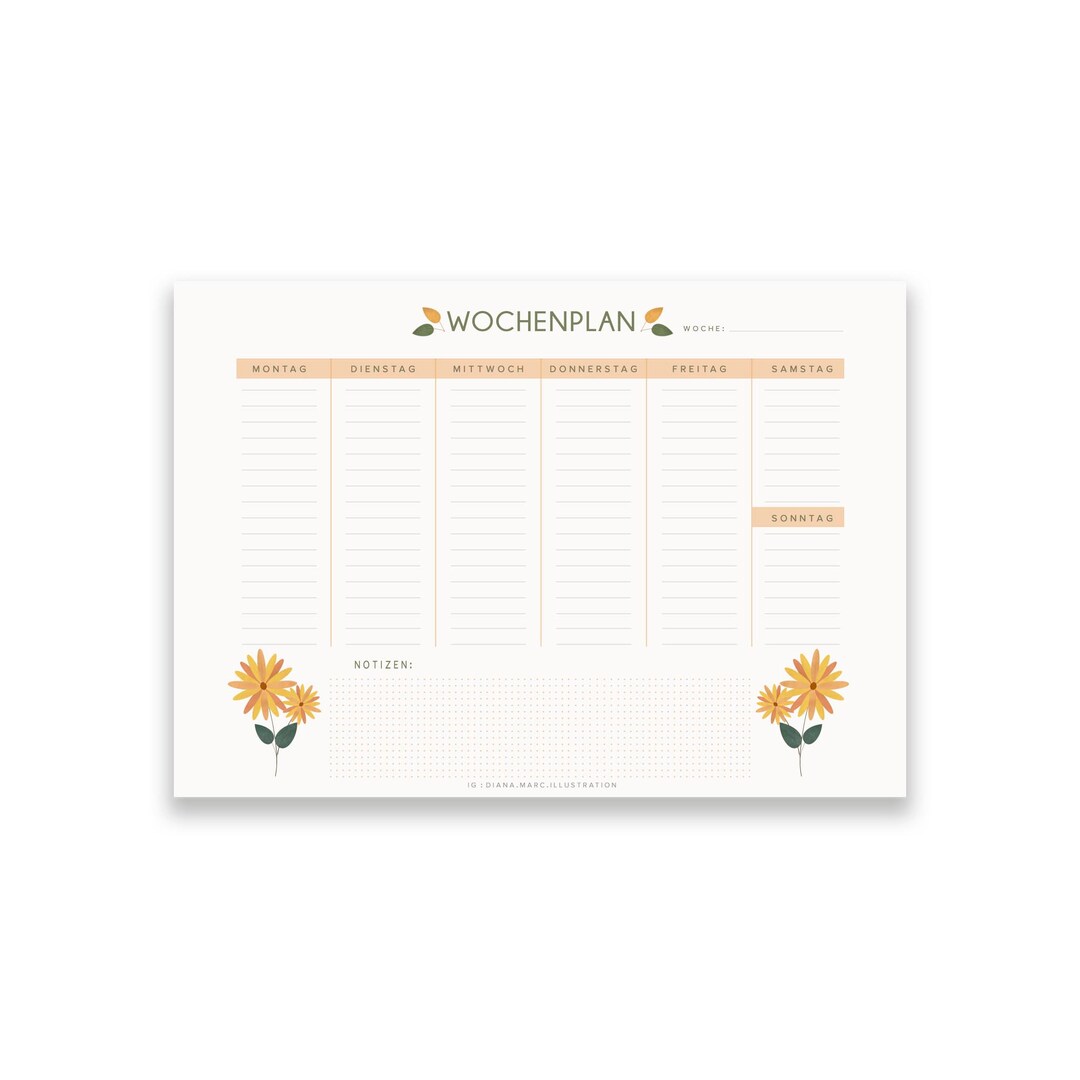 Wochenplaner Blume Wochenplan DIN A5 Notizblock Organizer Planner ...