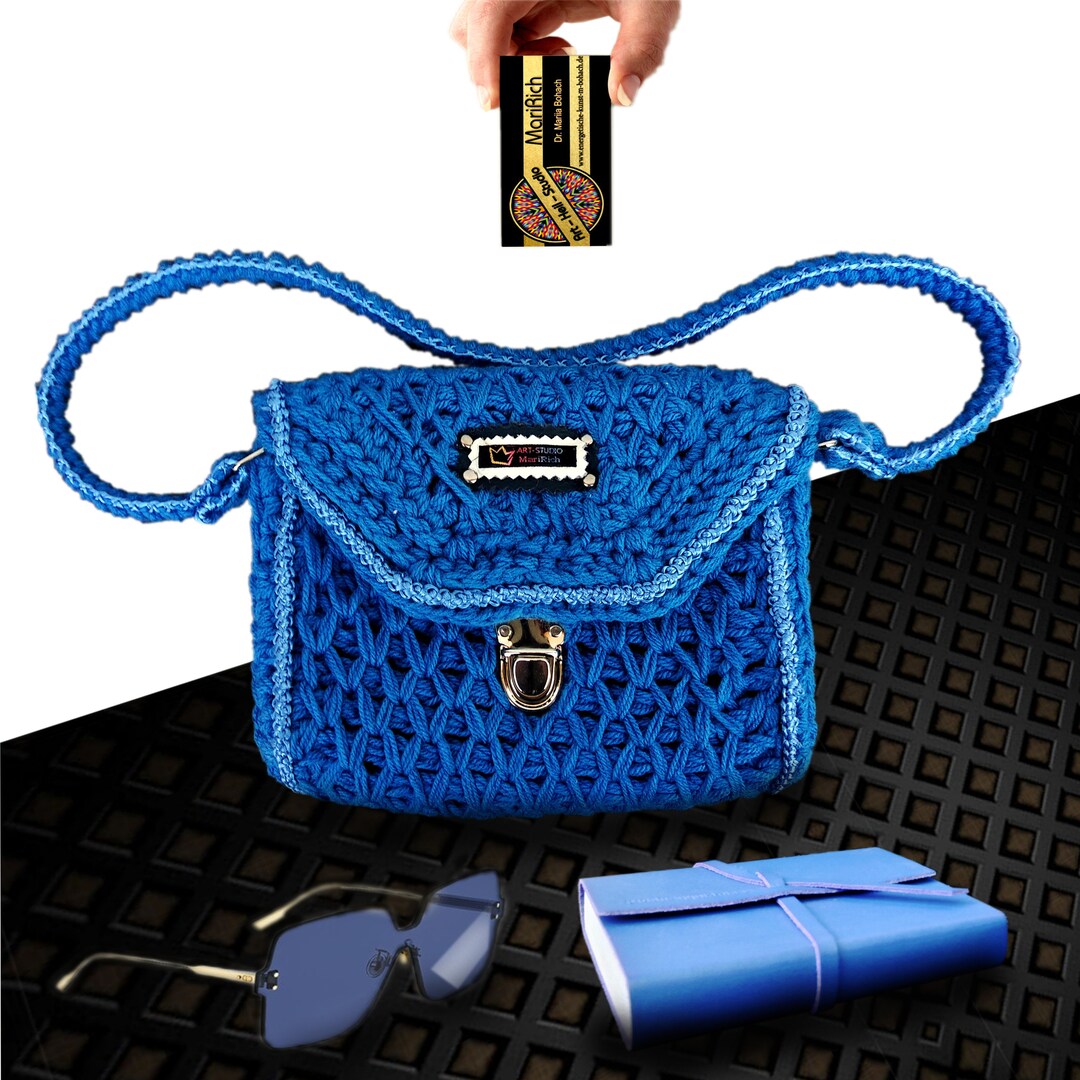 Blue Shoulder Bag With Rough 3D Pattern. Crochet Handbag, Aesthetic ...
