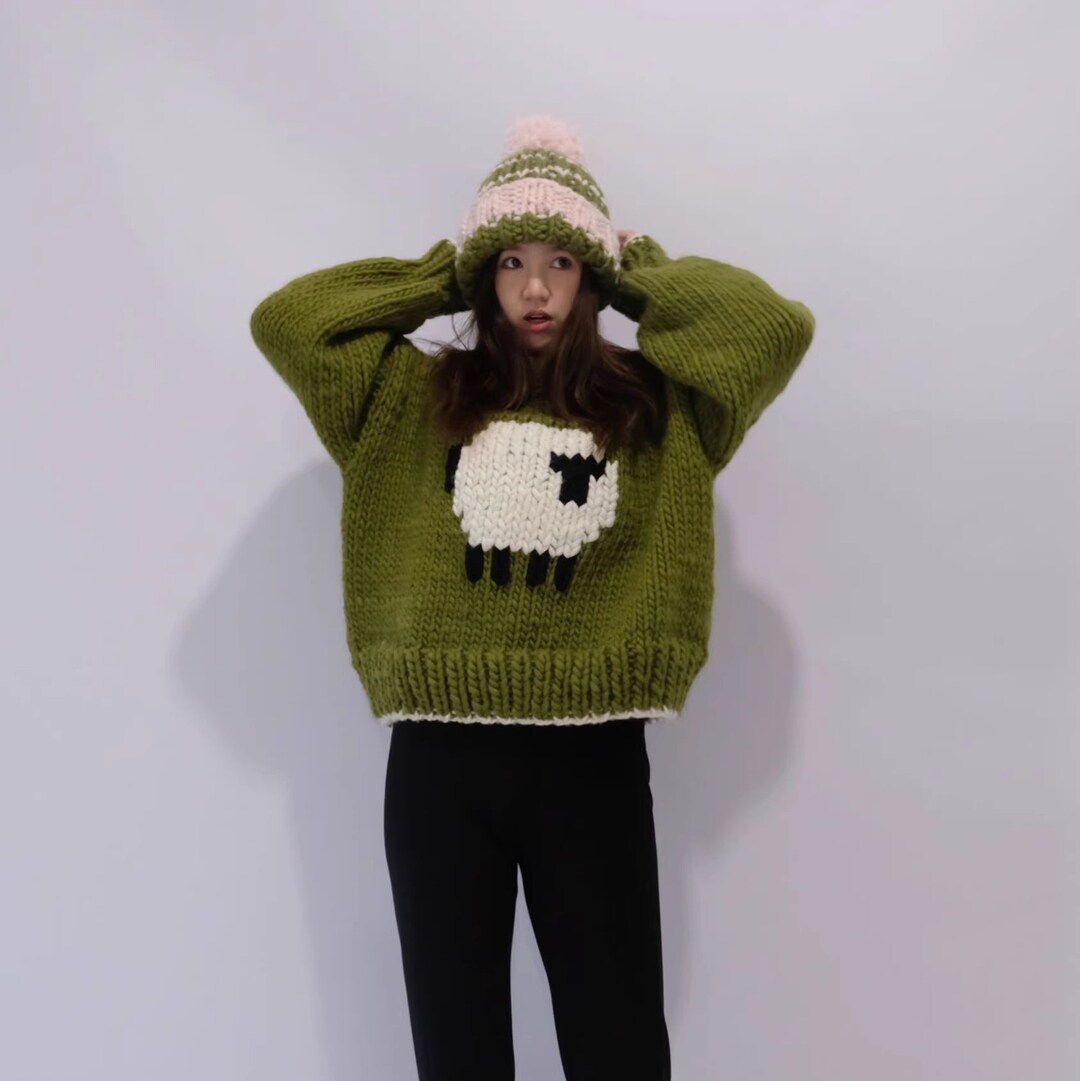 Hand Knitted Wool Sweater: Green Lamb Jacquard Pullover - Etsy