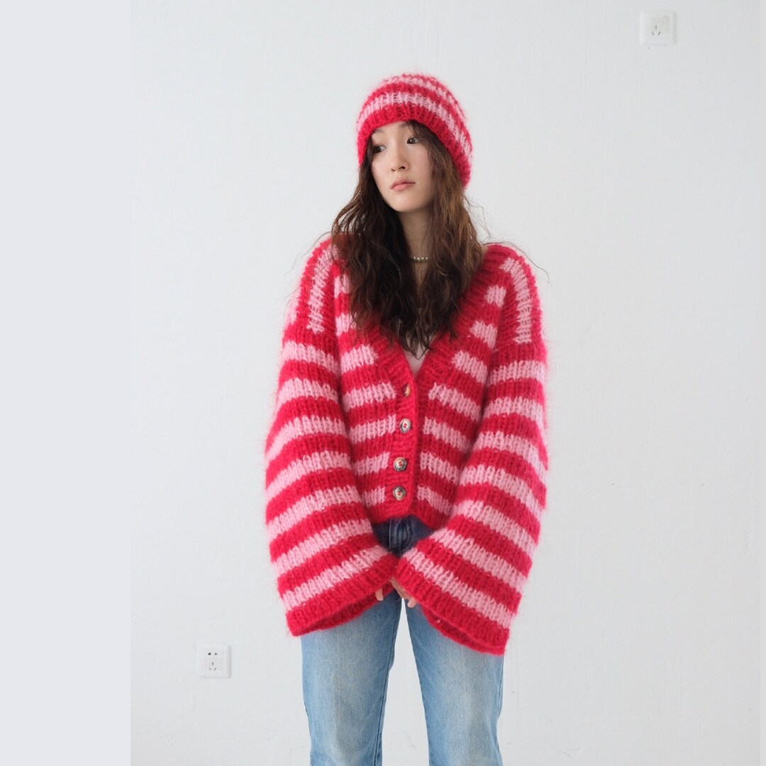Handmade Mohair Blend Cardigan: Red Pink Stripe Puff Sleeve Sweater - Etsy