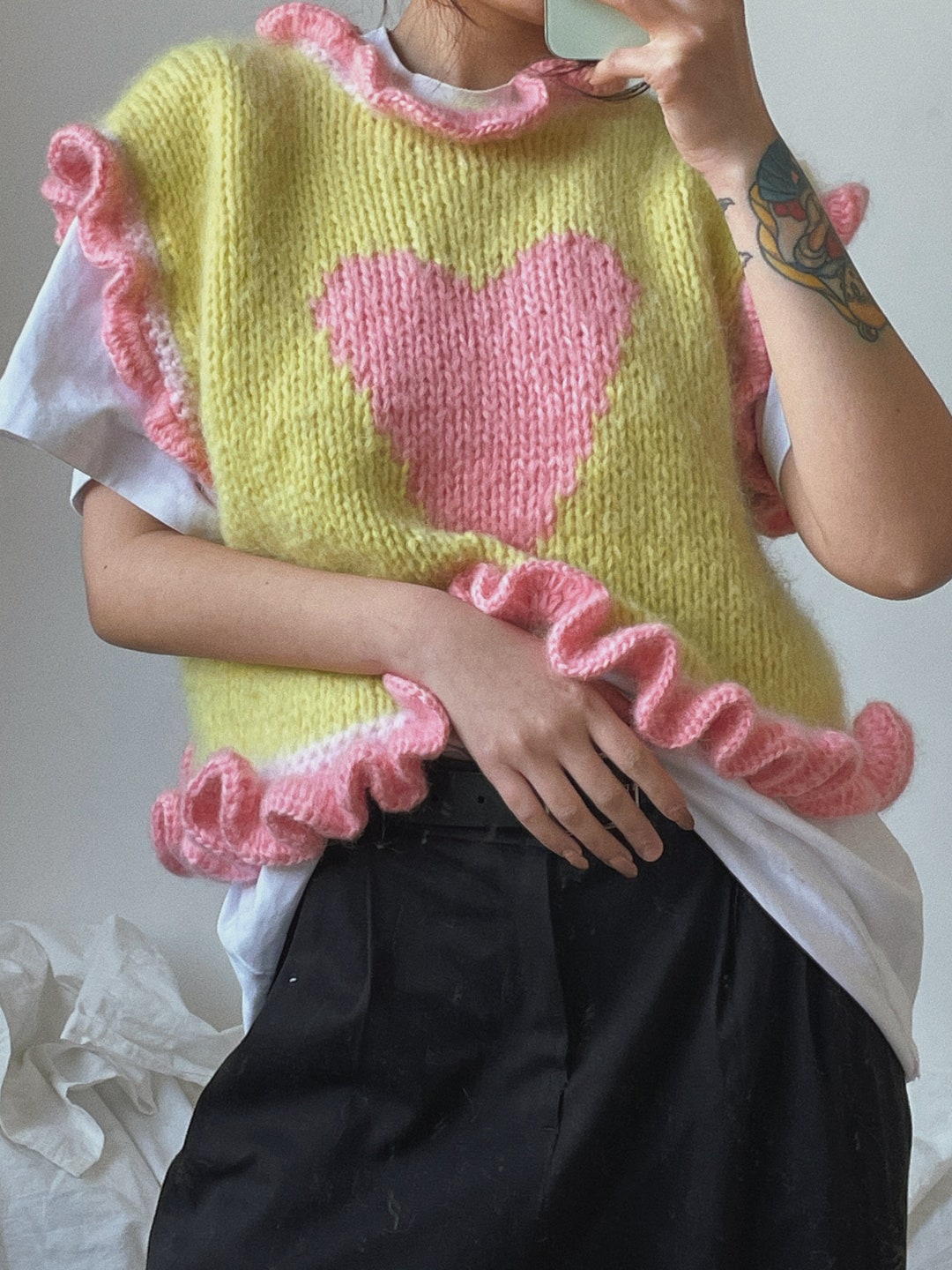 Mohair Wool Pink Heart Crop Top Sleeveless Vest With Lace - Etsy