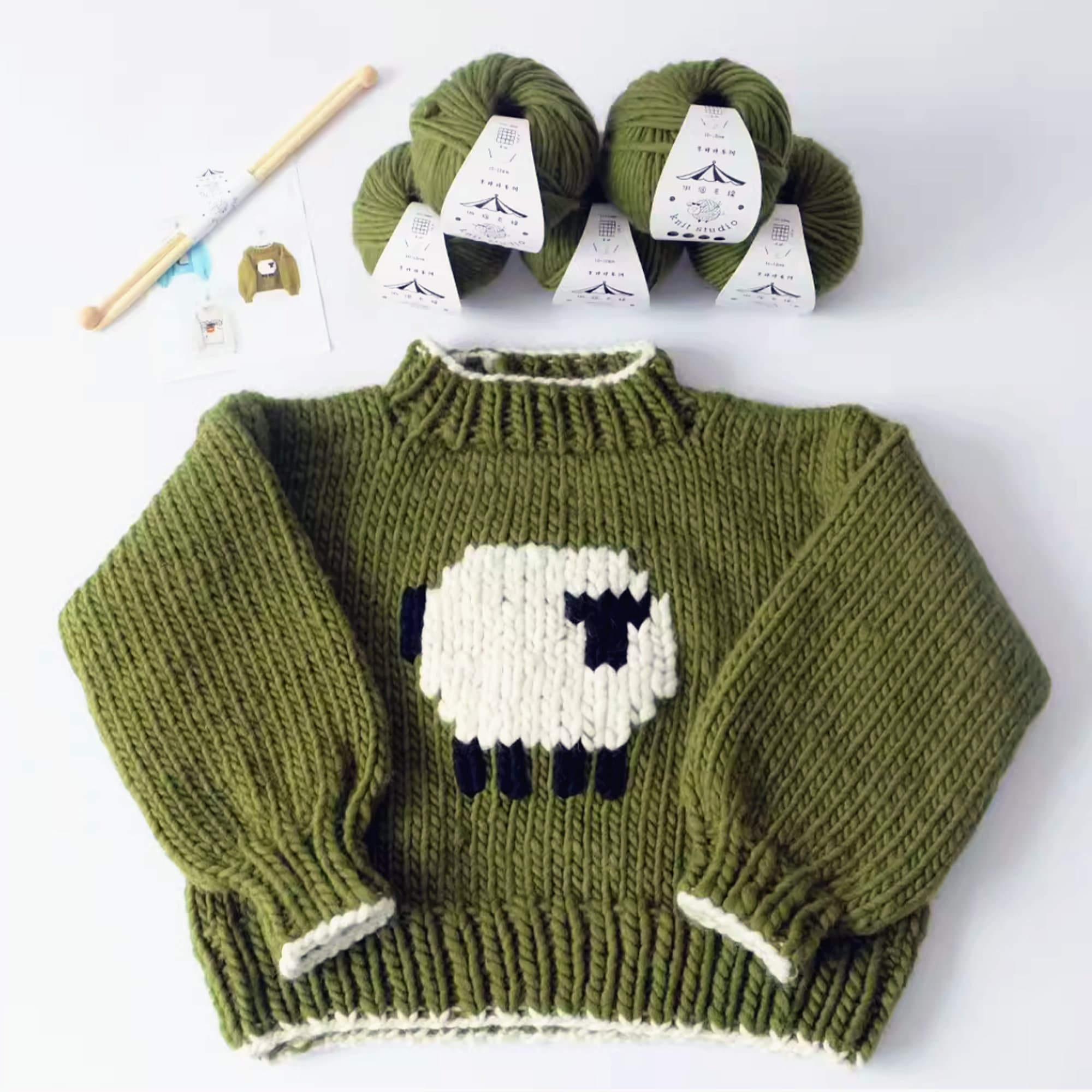 Hand Knitted Wool Sweater | Green Lamb Jacquard Pullover | Chunky ...