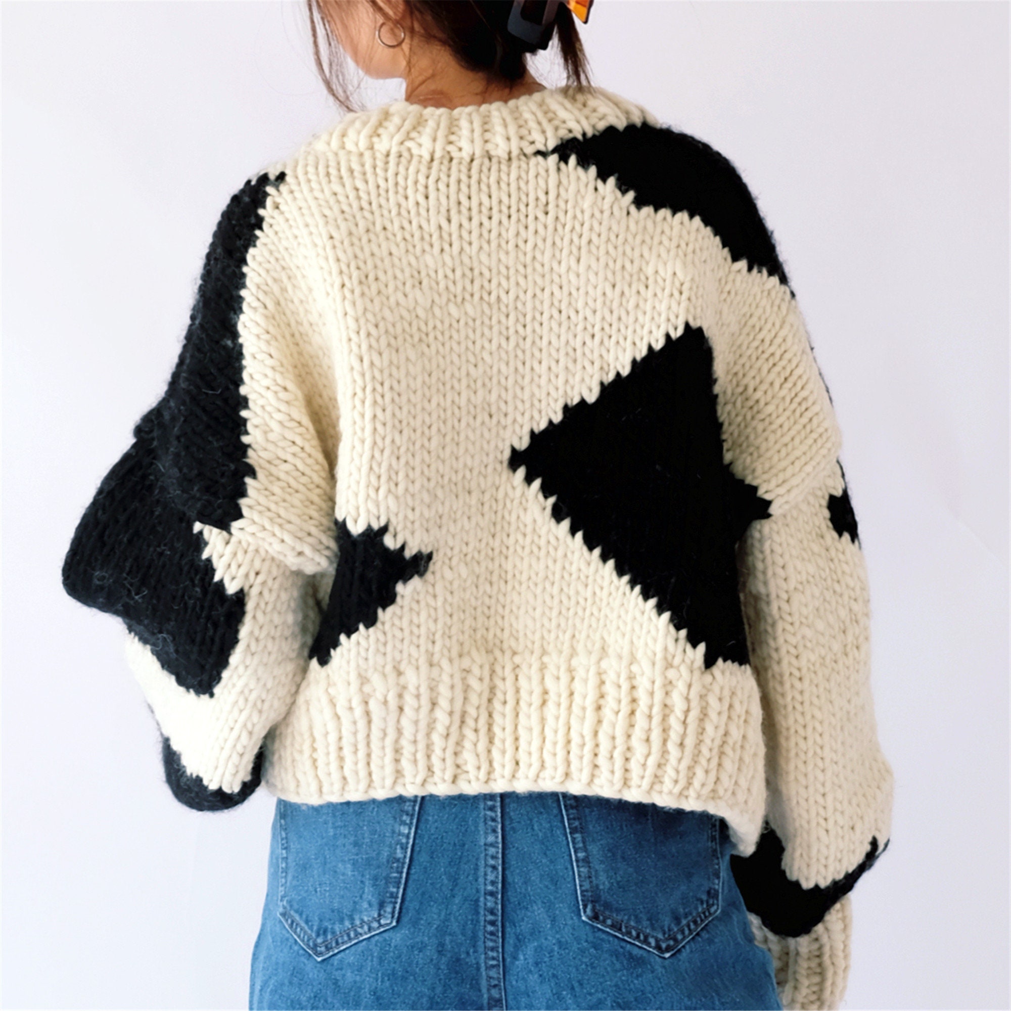 Handmade Jacquard Wool Sweater: Cow Pattern, Long Sleeve - Etsy