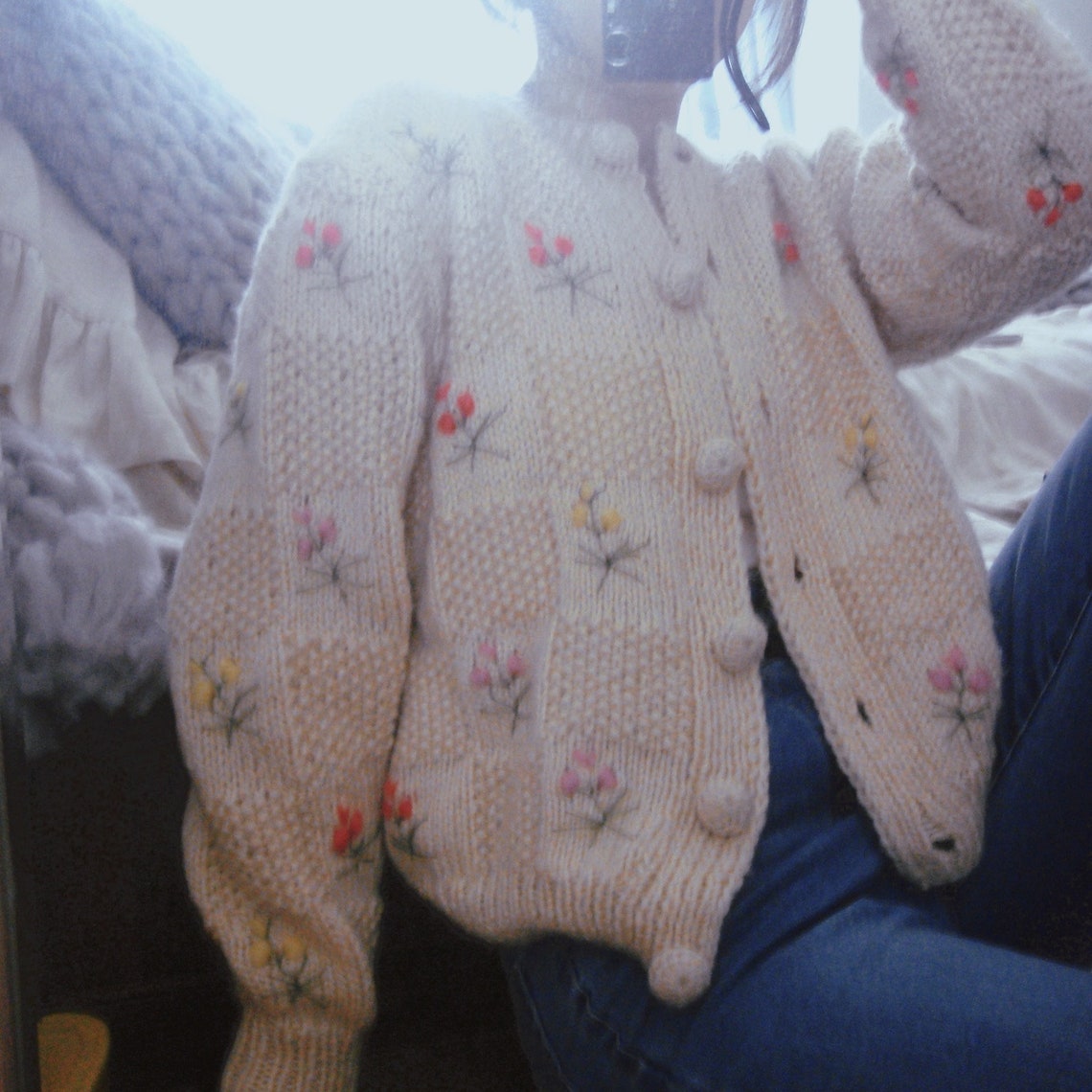 Big Button Embroidered Flowers Mohair Sweater Handmade Sweater | Etsy