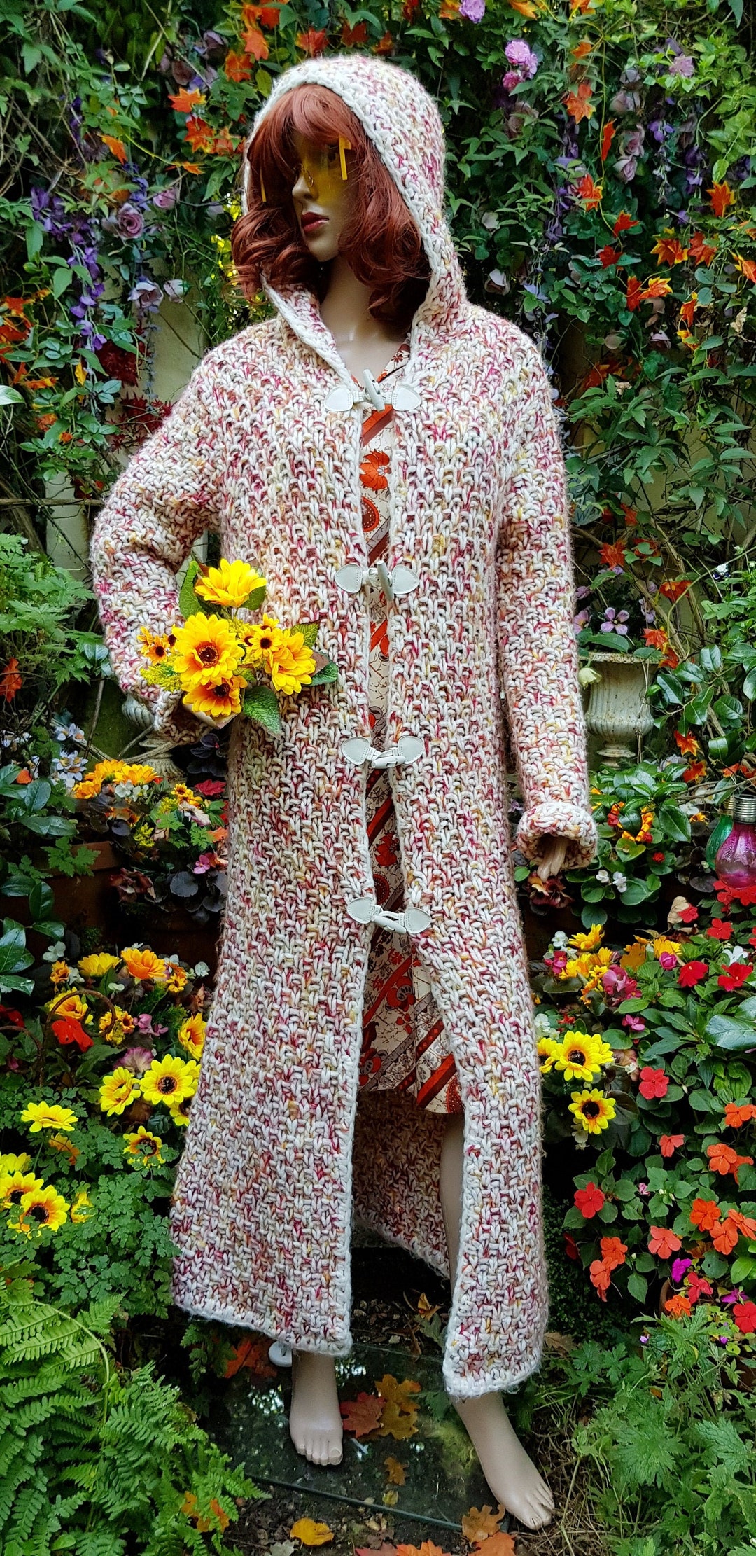 Vintage Coat: Funky Vintage 1970s Cream and Orange Knitted Hooded ...