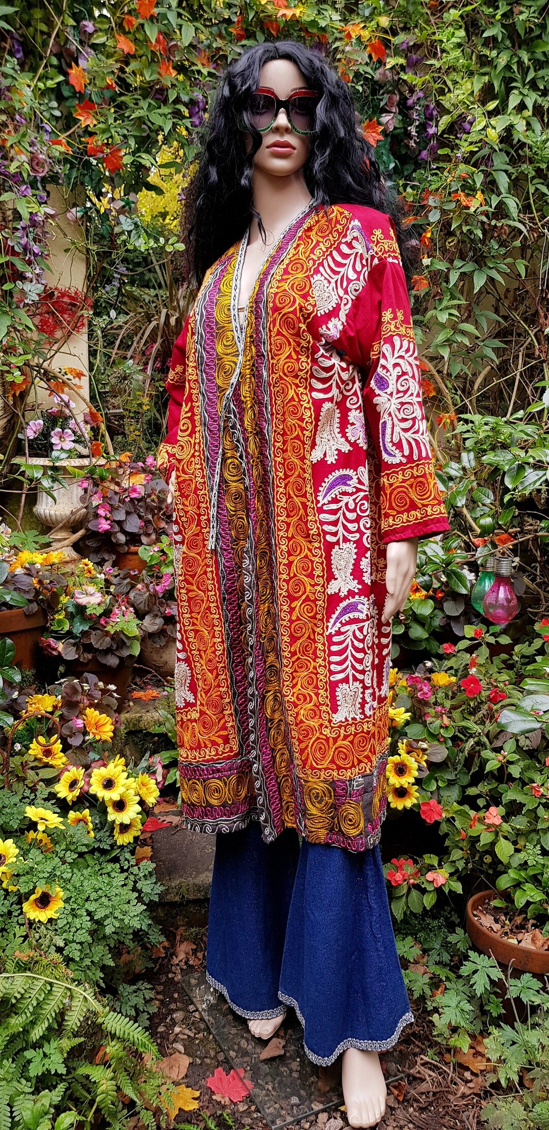 Striking Antique 1950s/1960s Red Yellow & Multicoloured Uzbec Susani ...