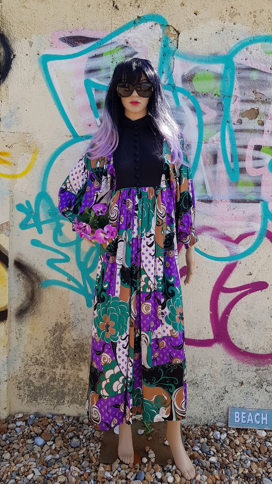 UK 8/10 (US 4/6) Groovy Vintage 1970s Psychedelic Purple Green Orange ...