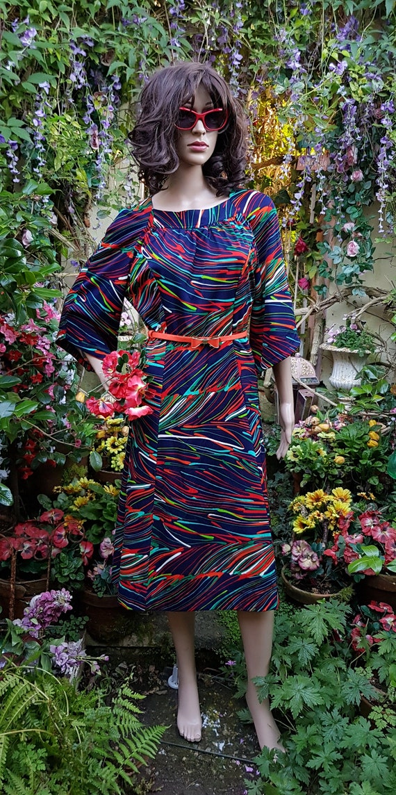 UK 14 (US 10) Striking Vintage 1970s Psychedelic Navy… - Gem