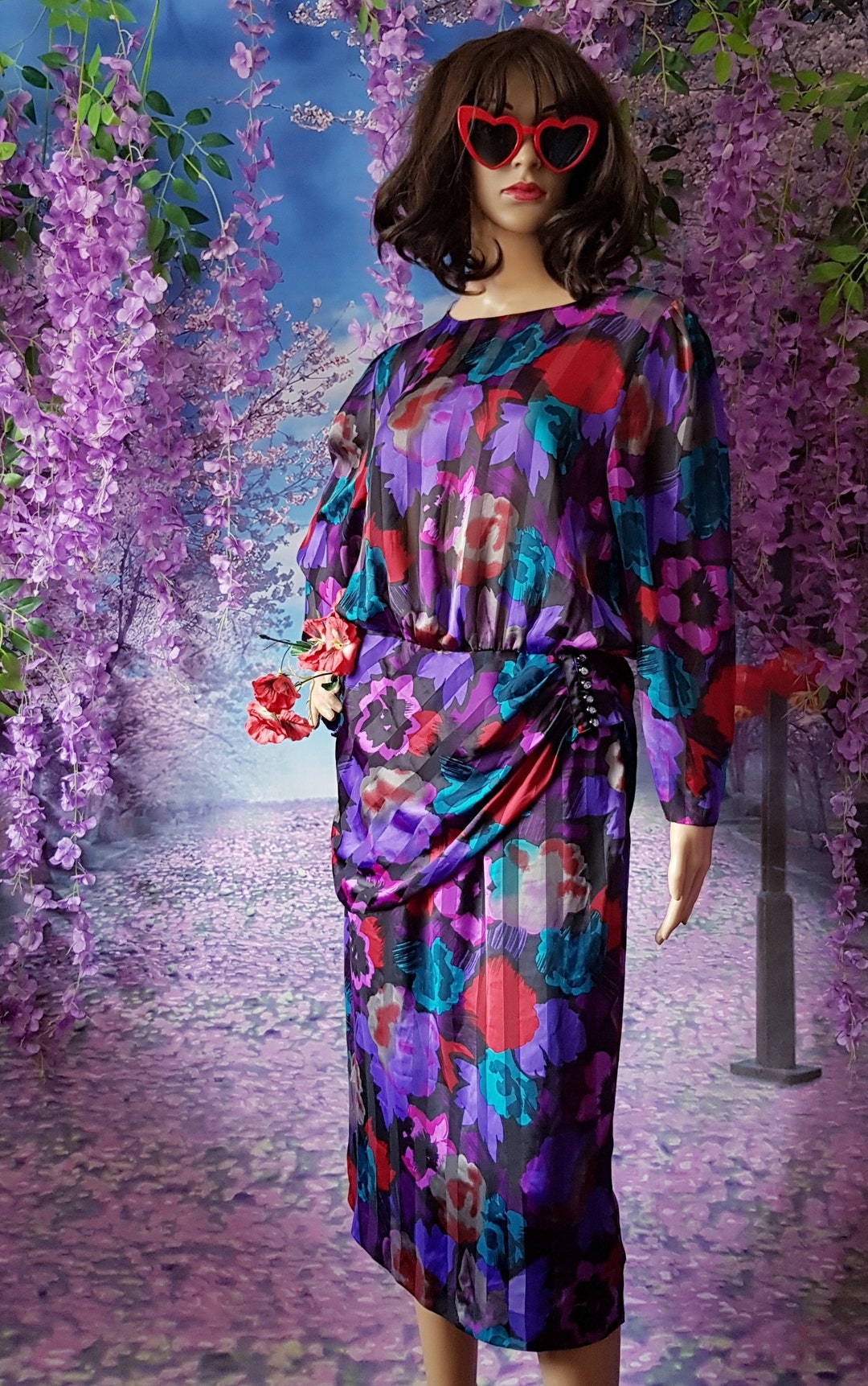 UK 14 (US 10) Groovy Vintage 1980s Black Purple Teal Red Floral Stripe ...