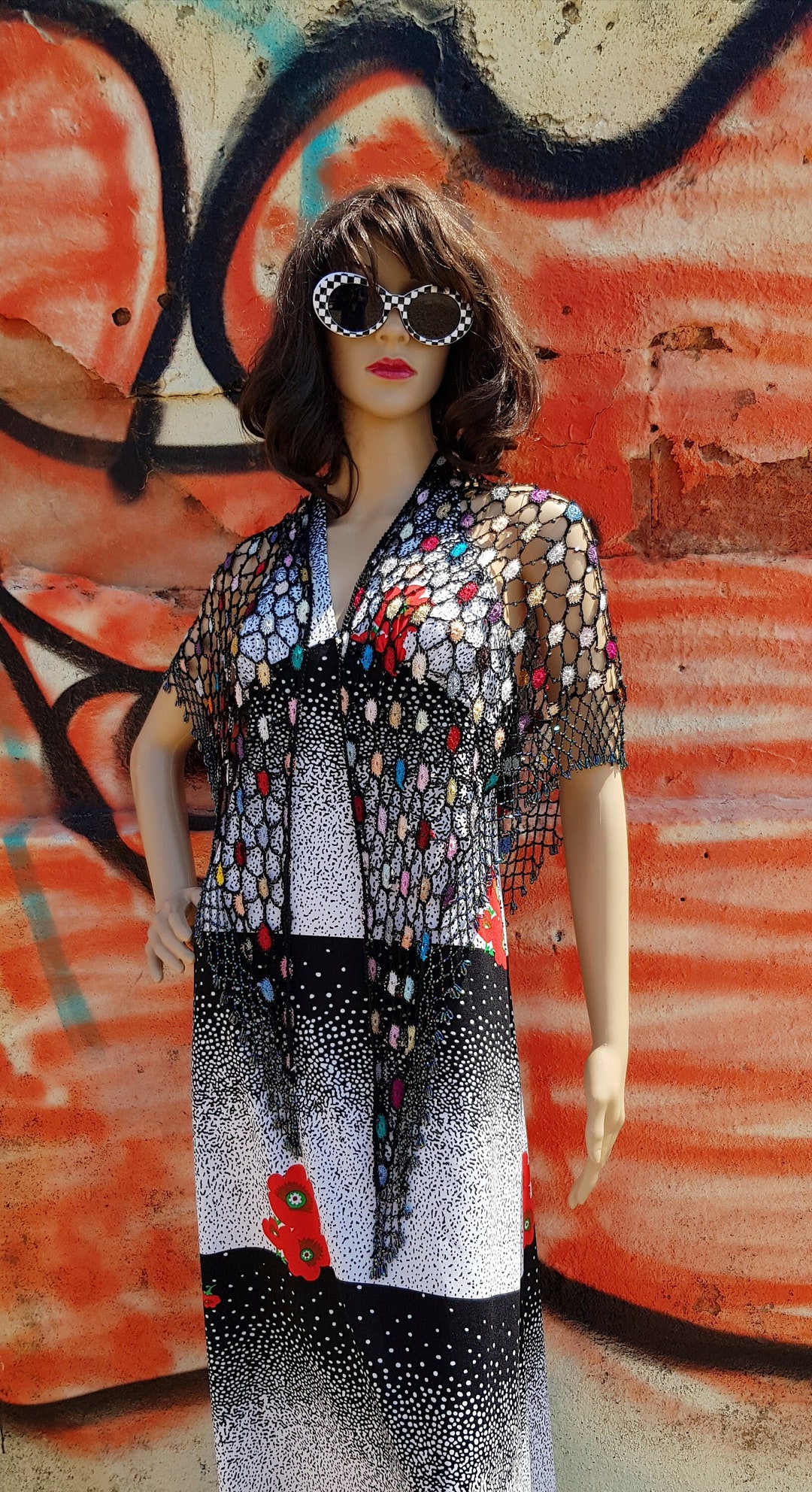 Vintage Shawl: Beautiful Vintage 1970s Black and Multicoloured Crochet ...