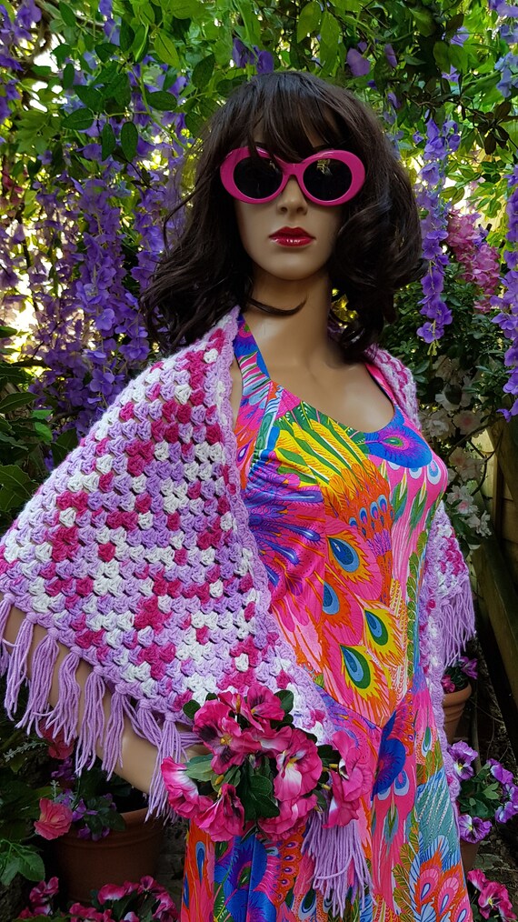 Vintage Shawl: Fab Vintage 1970s Wool Crochet Knit Tr… - Gem