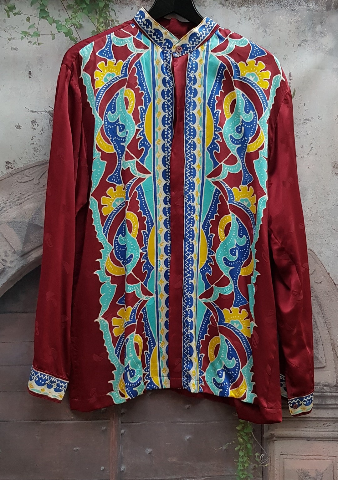Vintage Men's Shirt: Vintage 1970s Asian Style Burgundy Red Blue ...