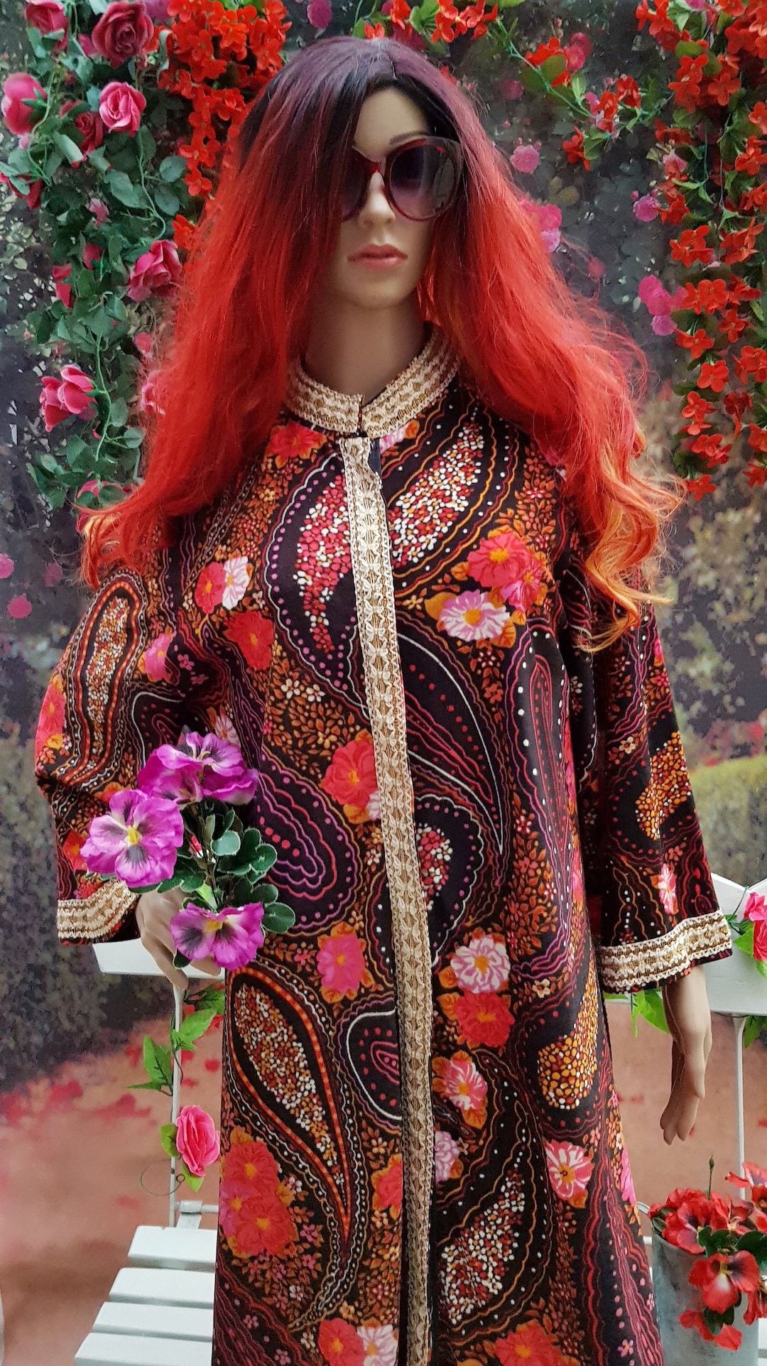 UK 12 (US 8) RESTORATION Fab Vintage 1960s Brown Red Pink Black Paisley ...