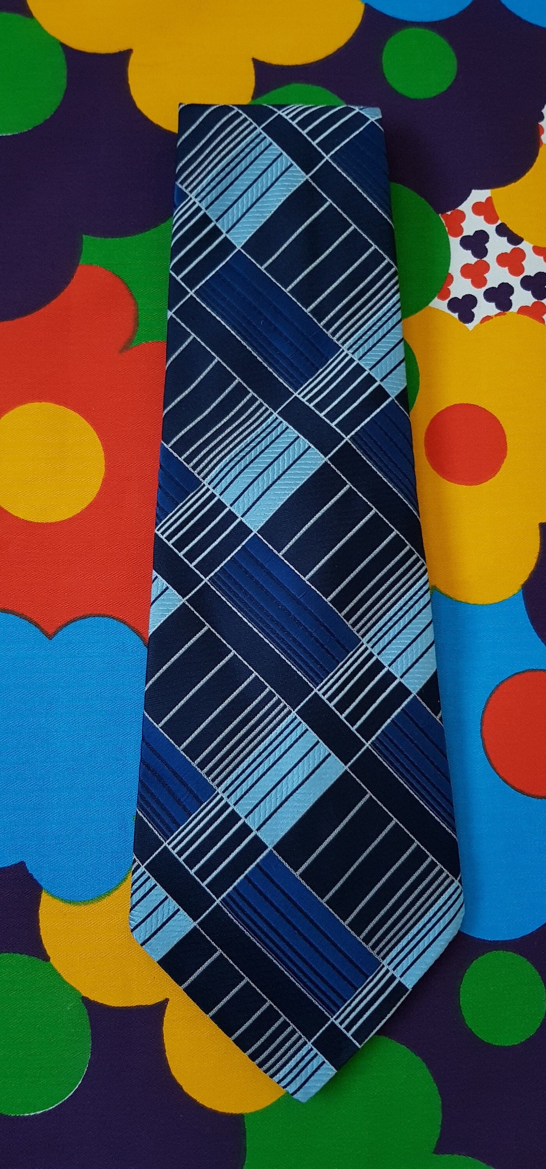 Vintage Men's Tie: Fab Vintage 1970s Blue Geometric Plaid Check Pattern ...