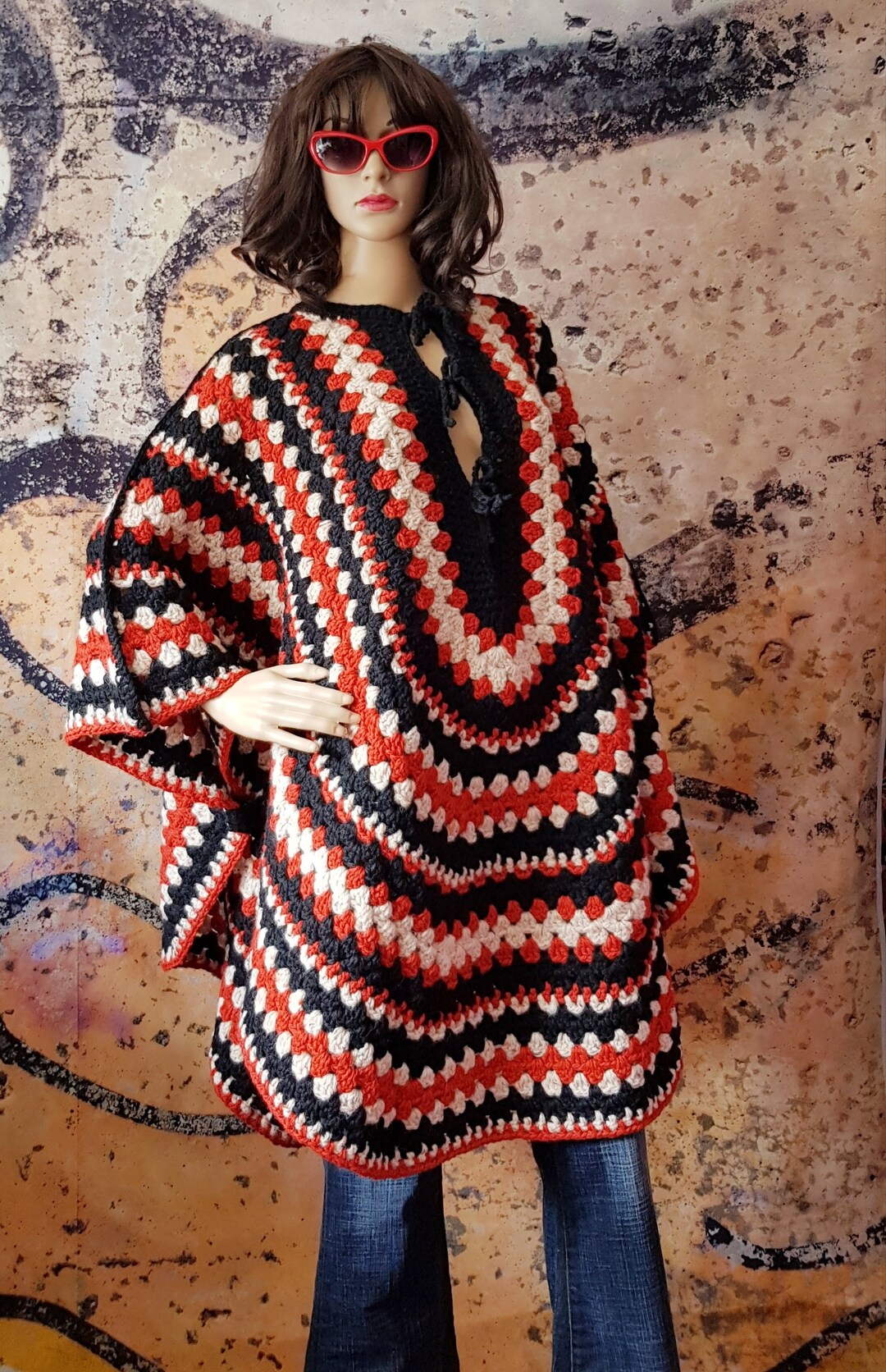 Vintage Poncho: Fabulous Vintage 1970's Black Red and Cream Hand ...
