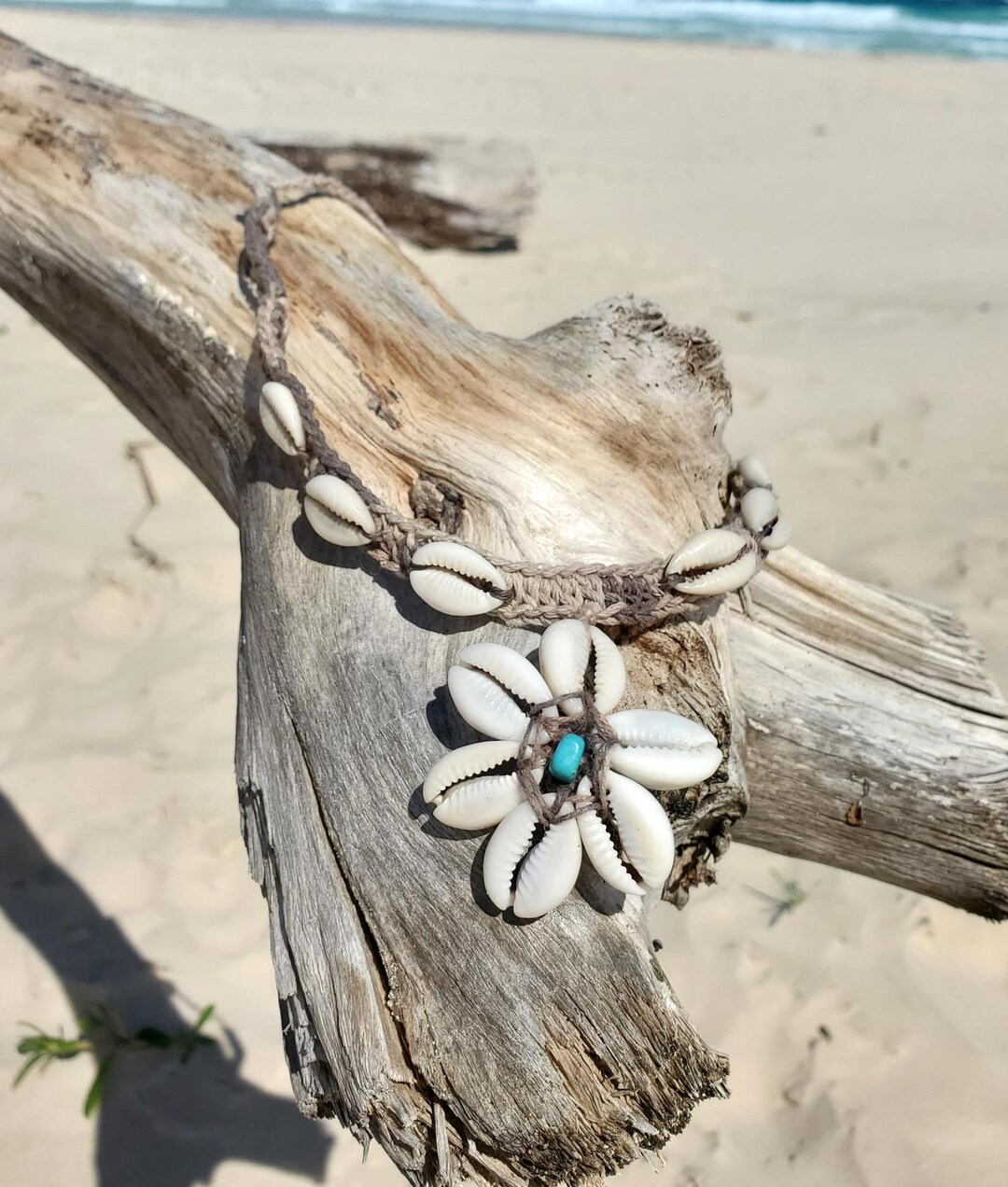 Crocheted FLOWER Choker Necklace With Cowrie Shells & Hemp - Etsy