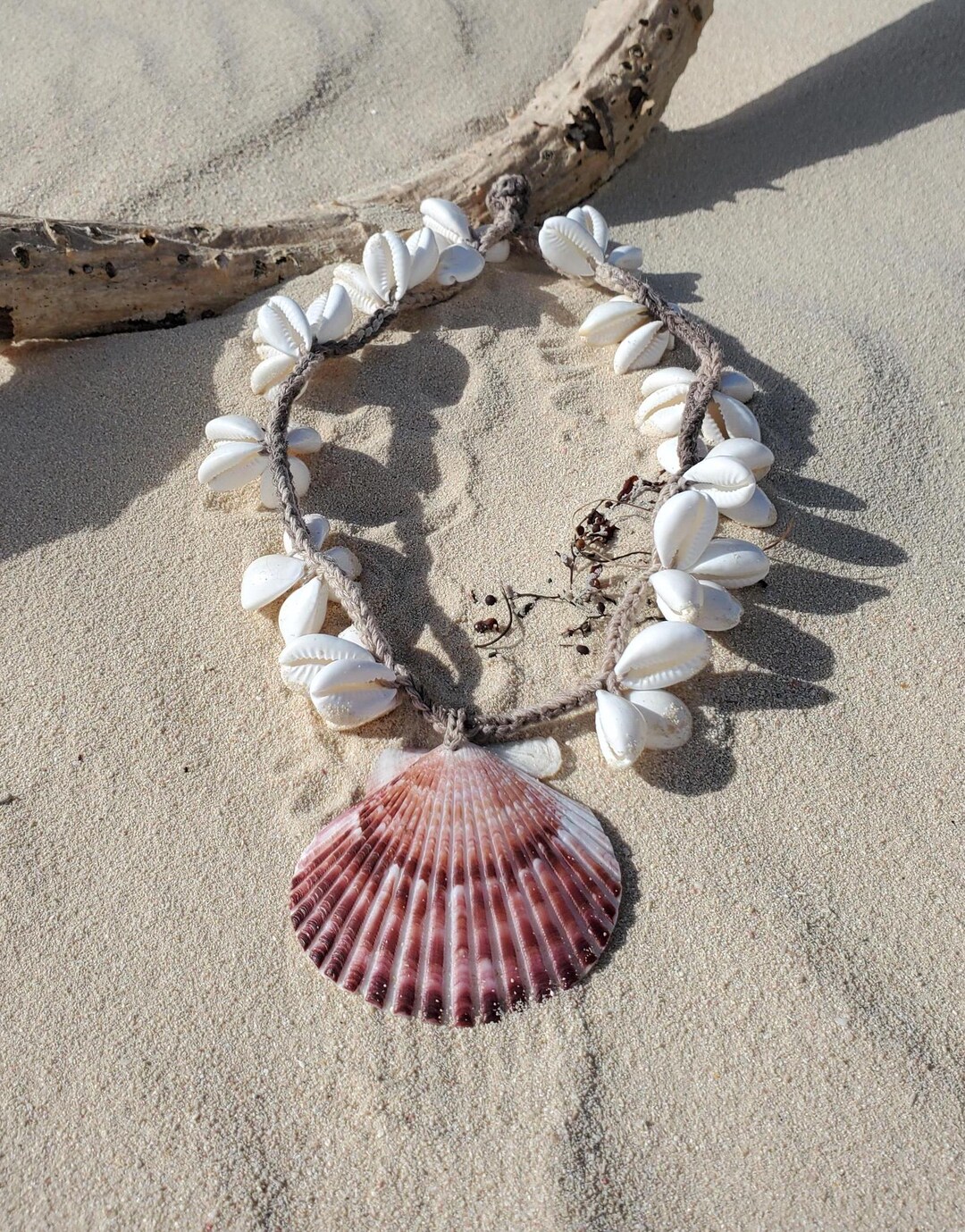 PINK Shell Pendant With Cowrie Clusters, Crocheted Hemp Necklace - Etsy