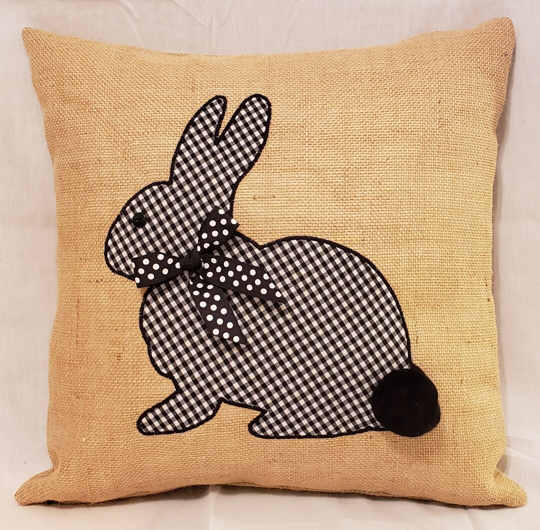 Appliqued Decorative Black and White Bunny Rabbit Burlap Pillow - 18" X ...