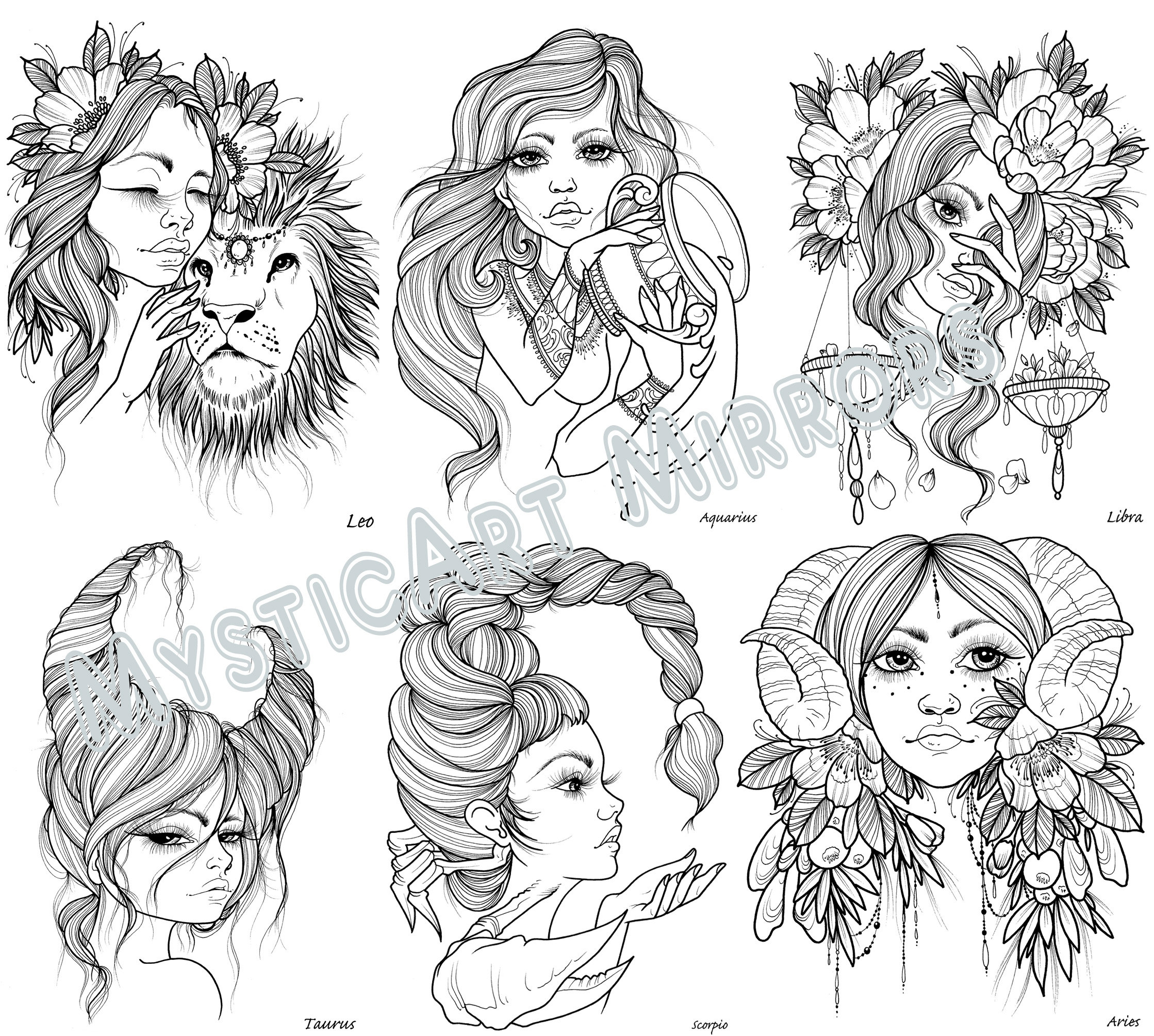 Coloring Book Galaxy Girls & Zodiac Sign | Etsy