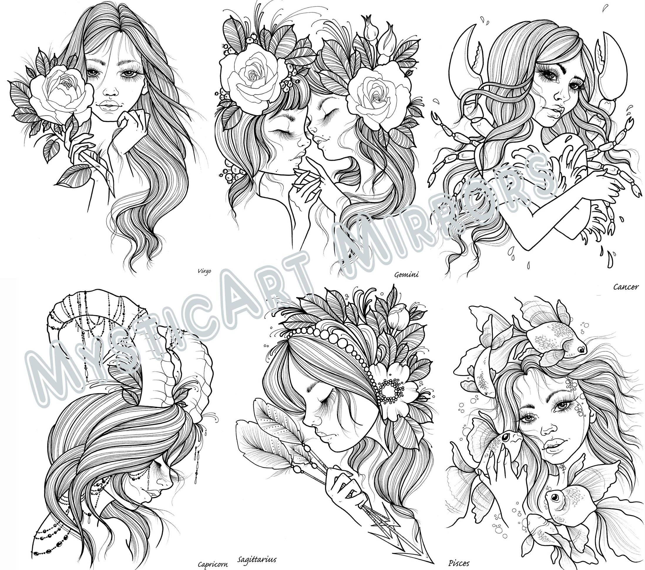 Coloring Book Galaxy Girls & Zodiac Sign | Etsy