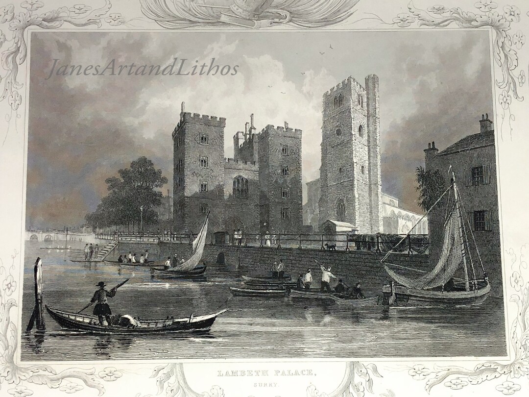 Lambeth Palace, London, 1834 Antique Steel Engraving, Surry, Tombleson ...