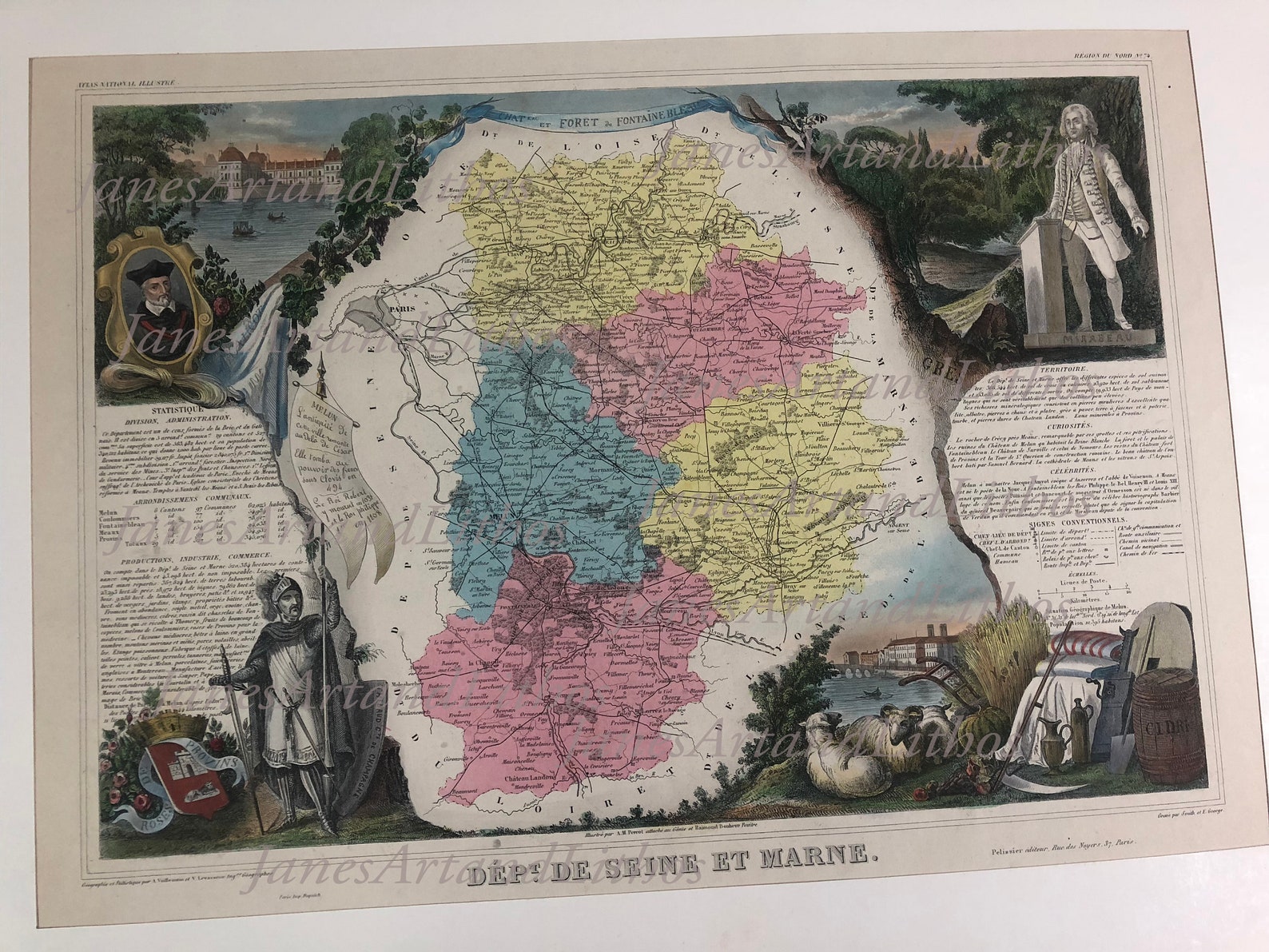 1852 Antique Map of France, Dept De Seine Et Marne, North Region #74, V ...