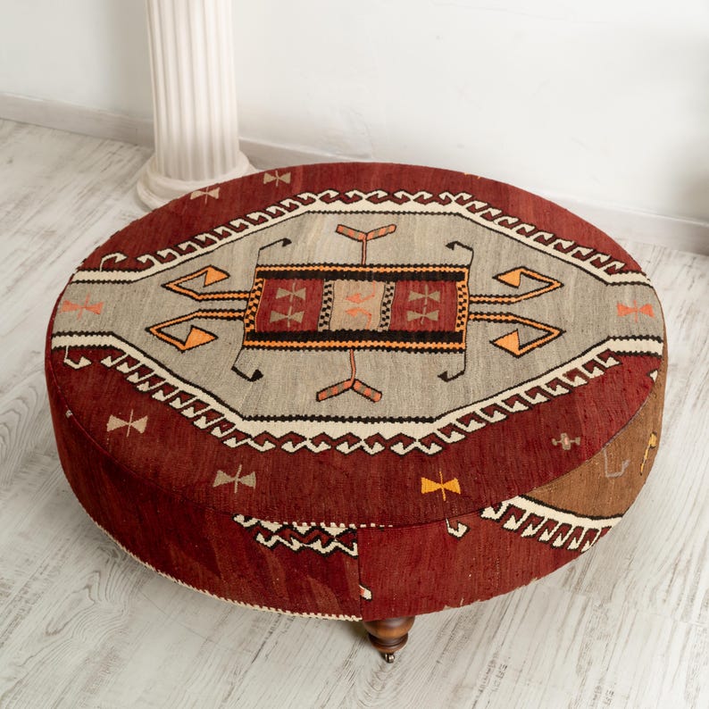 Vintage Round Ottoman, Coffee Table, Upholstered Kilim Rug Bench ...