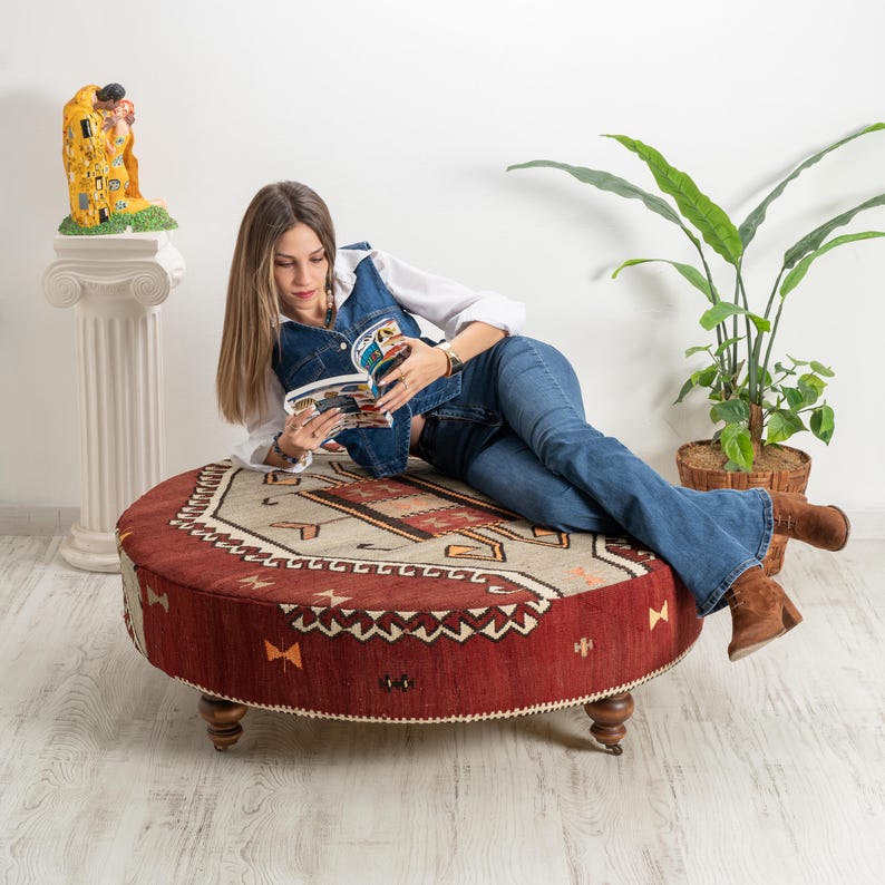 Vintage Round Ottoman, Coffee Table, Upholstered Kilim Rug Bench ...