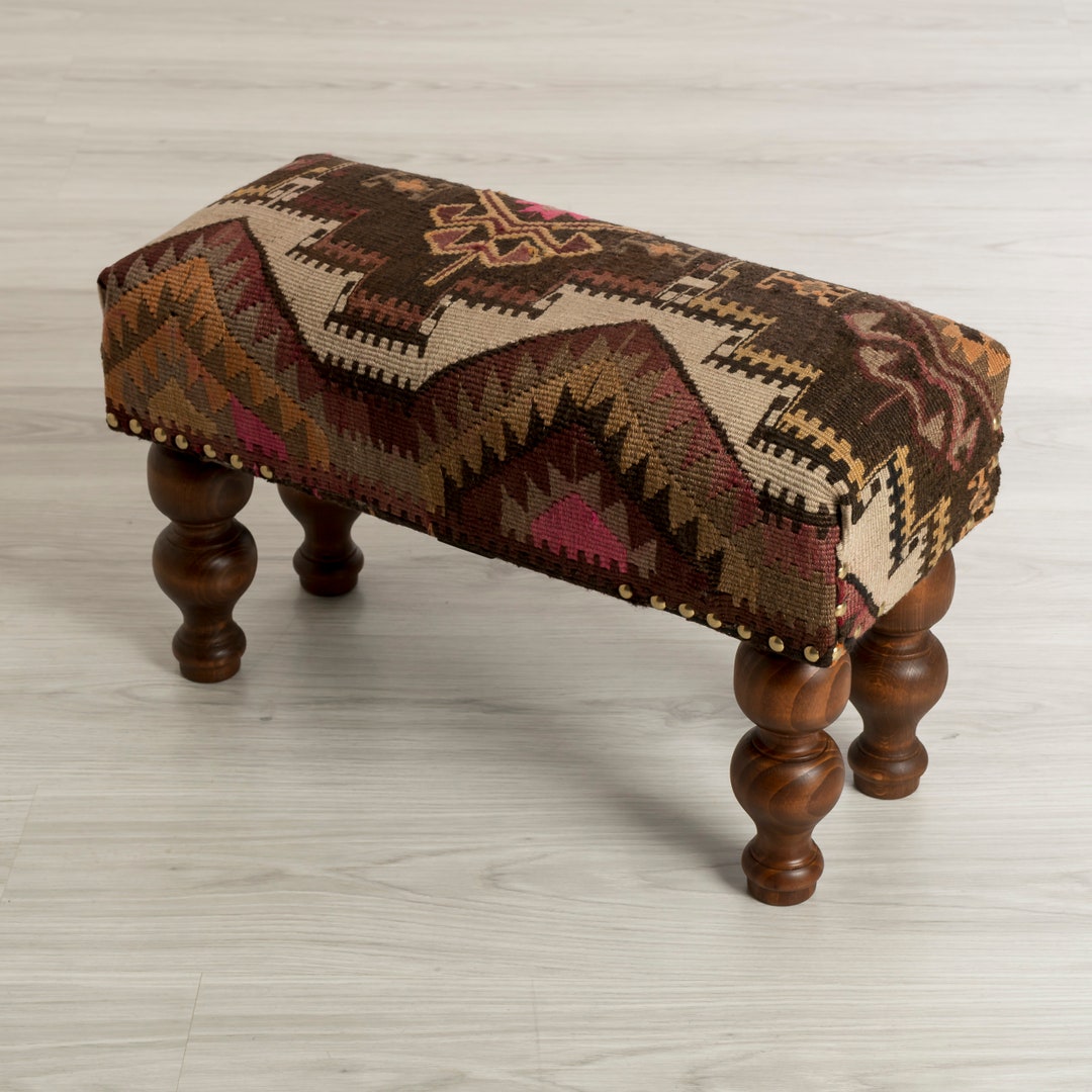Handwoven Vintage Turkish Kilim Rug Ottoman Footstool, Ottoman Stool ...