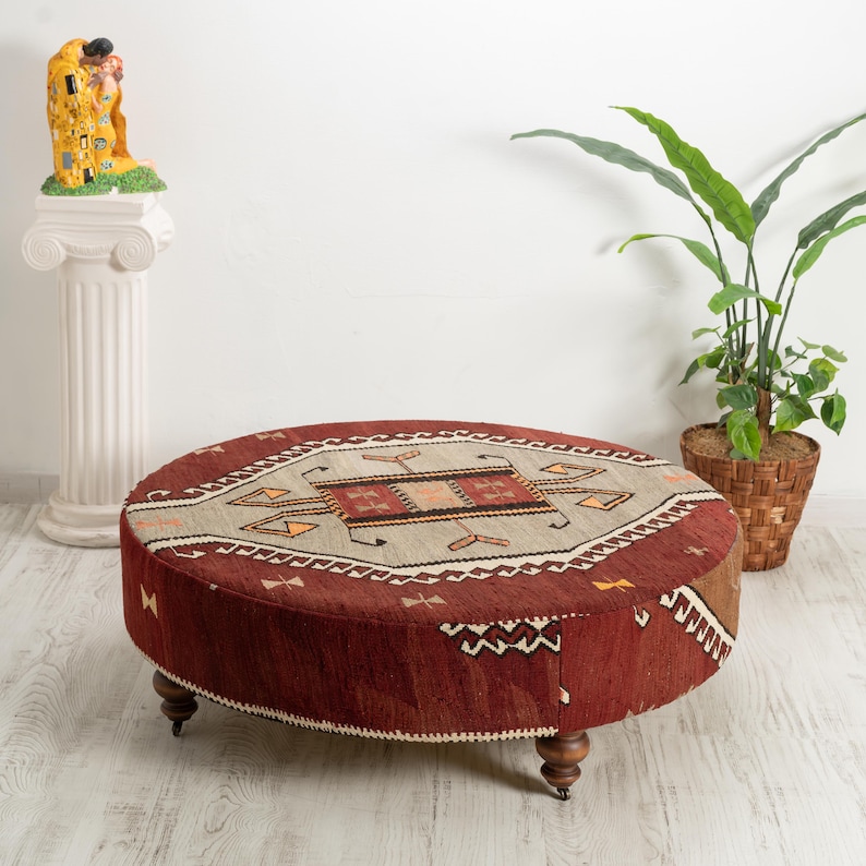 Vintage Round Ottoman Coffee Table, Upholstered Kilim Rug Bench ...