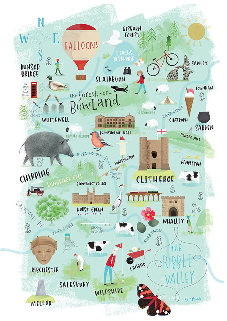 Illustrated Map of the Ribble Valley A3 Print - Etsy