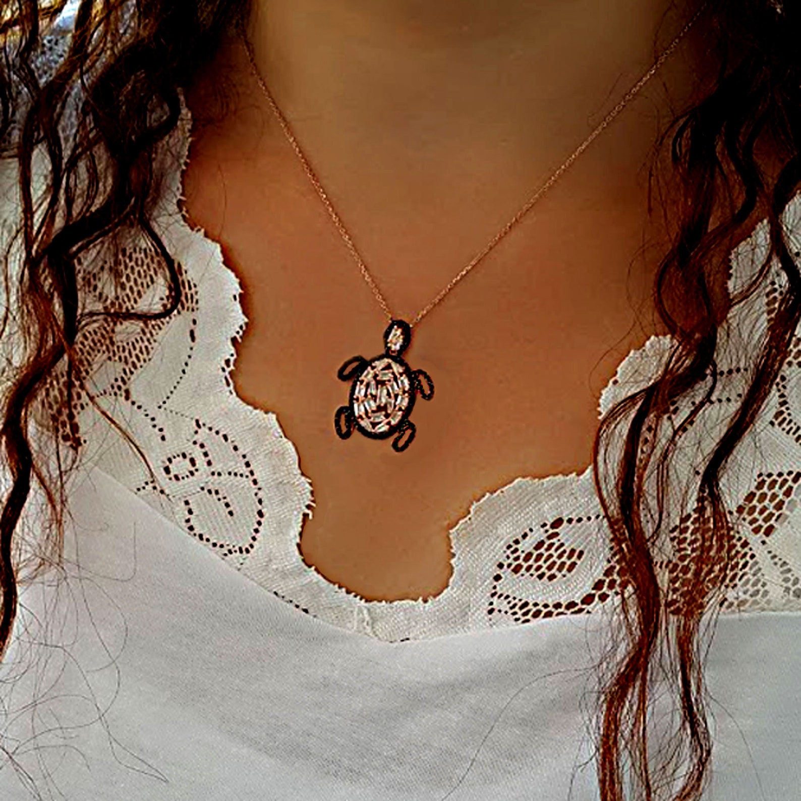Turtle Necklaces With Baguette Stone Turtle Charms Women | Etsy