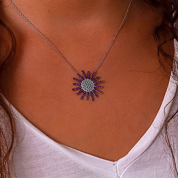 Sun Shaped Necklace With Ruby Stone Sun Shaped Charms Women Necklaces Lovely Sun Necklace Women Gift deas Silver Necklaces