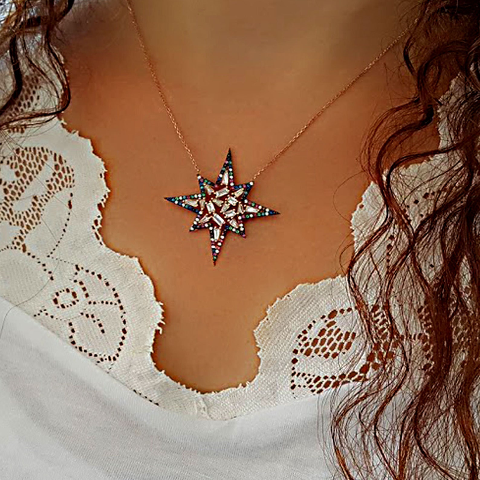 Pole Star Necklaces With Baguette Stone Pole Star Charms - Etsy